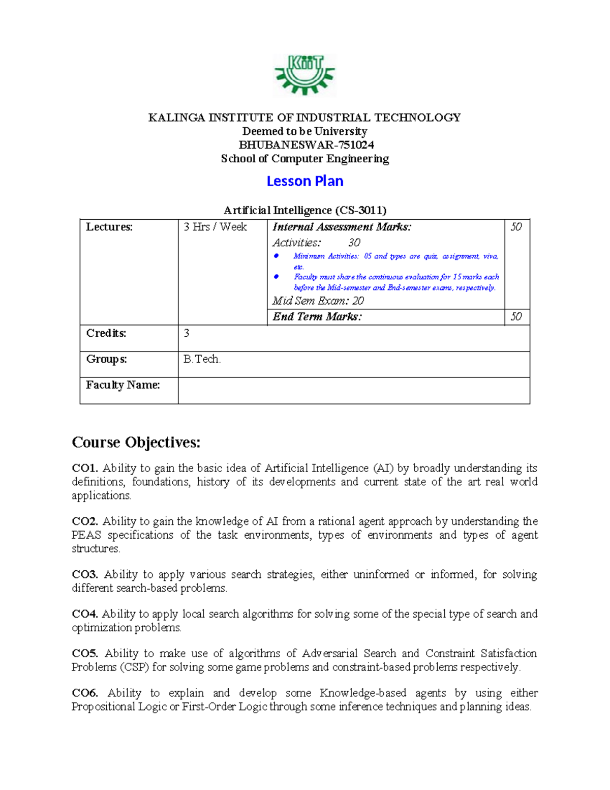 AI Lesson Plan CSE-IT, Autumn 2023 - KALINGA INSTITUTE OF INDUSTRIAL TECHNOLOGY Deemed to be ...