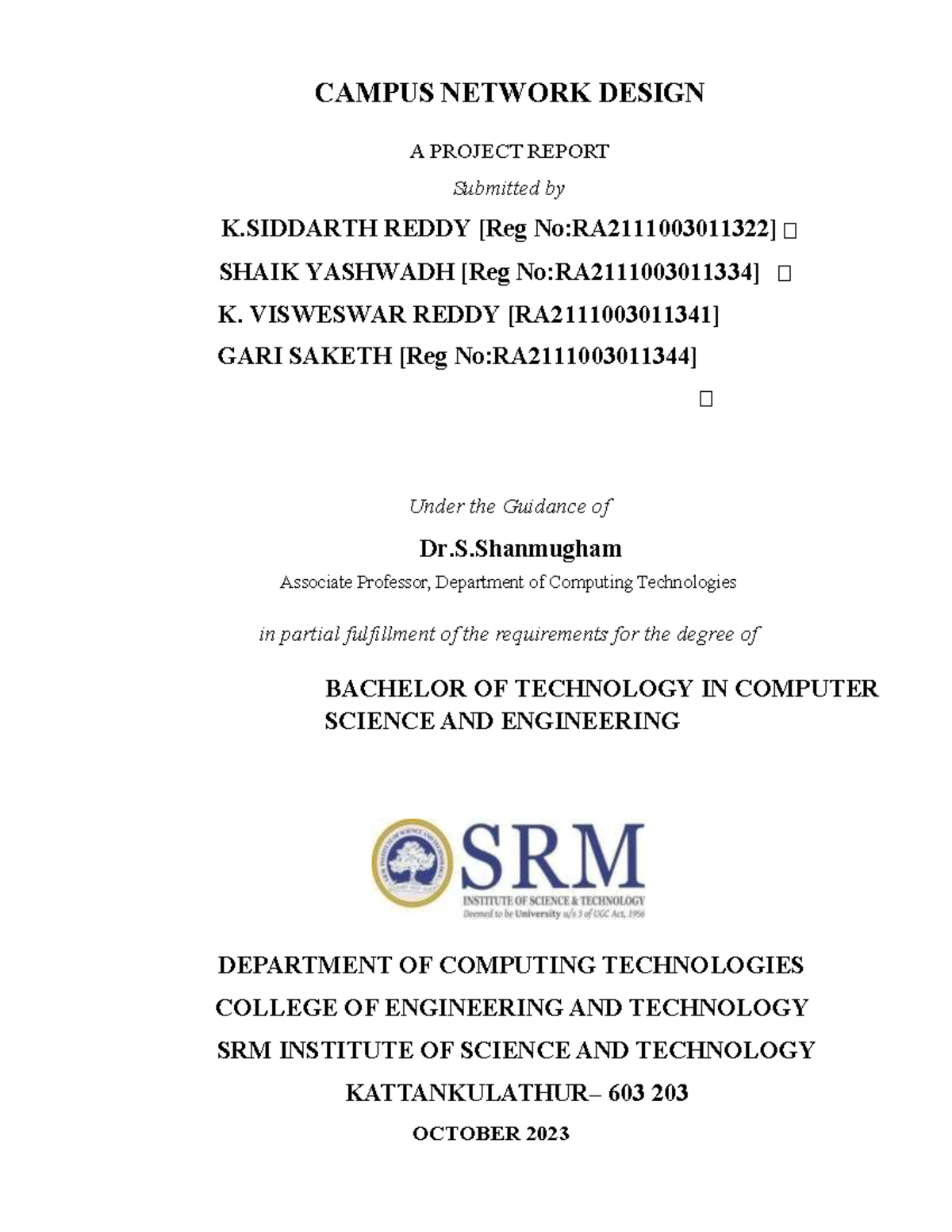 CN Mini Project - done - CAMPUS NETWORK DESIGN A PROJECT REPORT Submitted by Associate Professor ...
