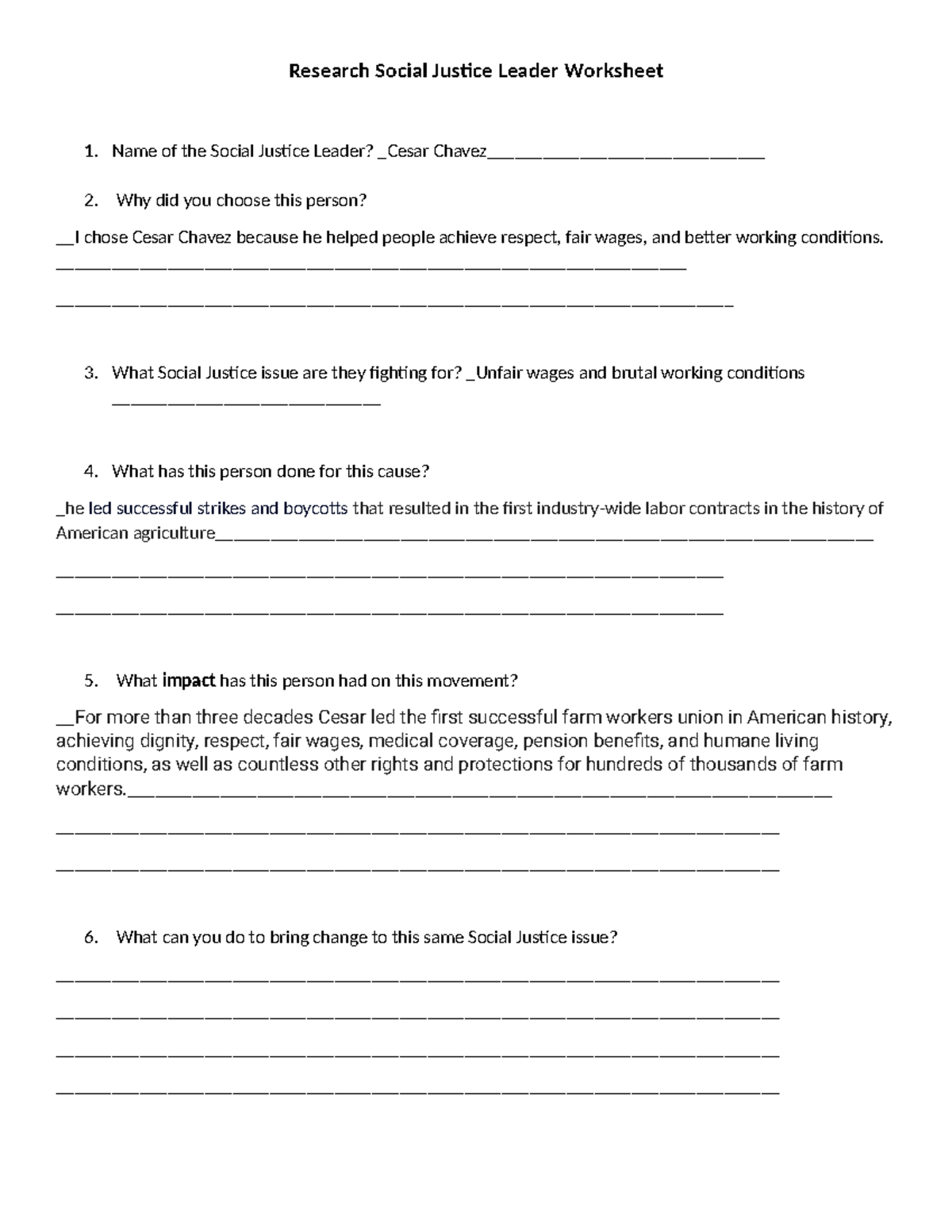 Social Justice Leader Worksheet - What Social Justice issue are they ...
