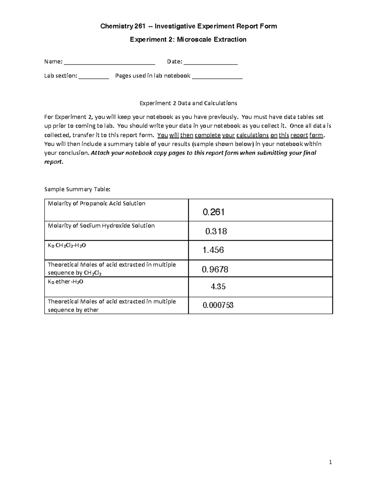 Extraction Report Form - Chemistry 261 - Investigative Experiment ...
