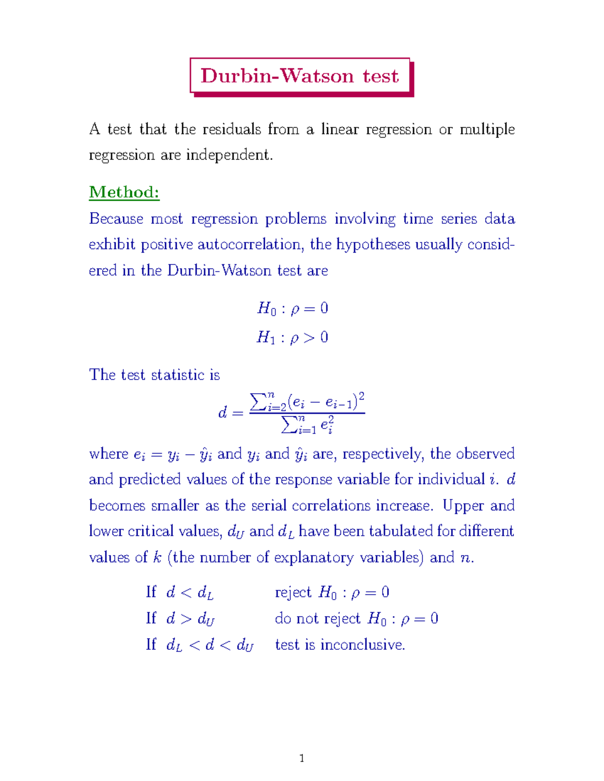 Durbin Watson Test - Durbin-Watson test A test that the residuals from ...
