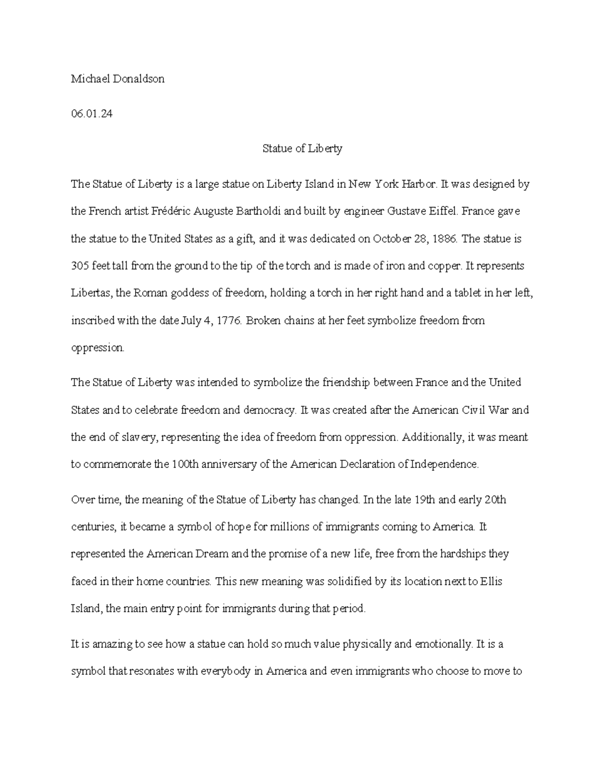 Statue of Liberty - This is a example of an Essay during Module 5 that ...