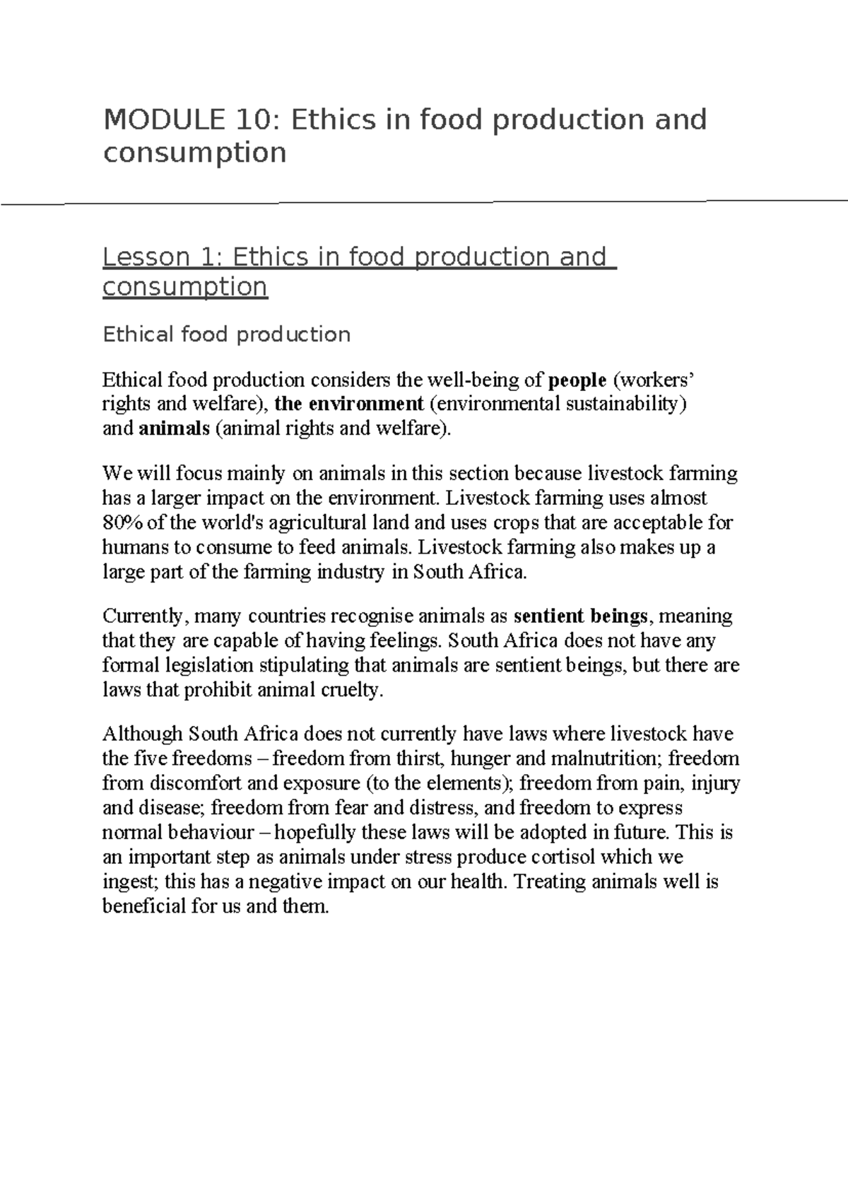 Module 10- Ethics in food production and consumption and Invasion games ...