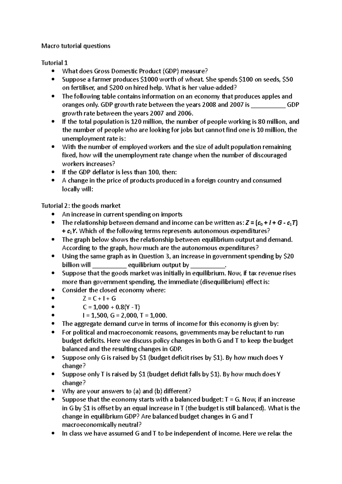 Macro Tutorial Questions Macro Tutorial Questions Tutorial 1 What Does Gross Domestic Product