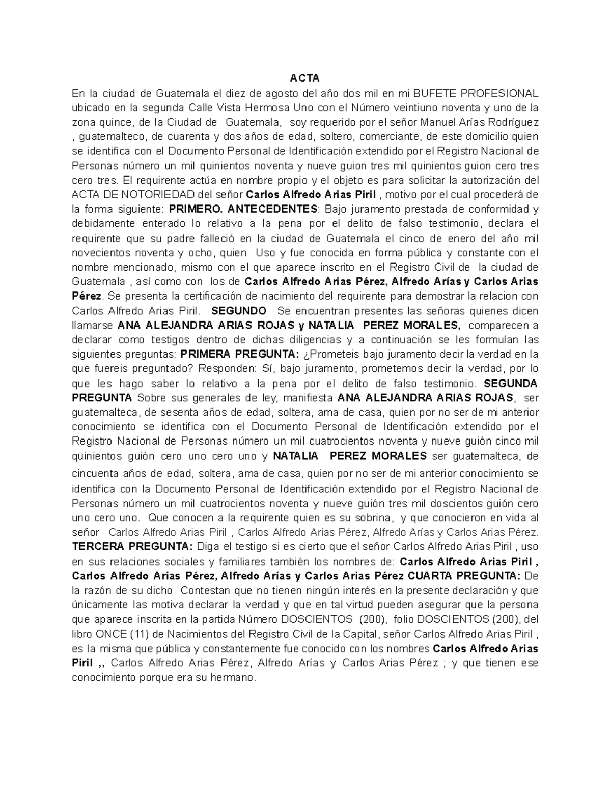 ACTA para examen, identificaicon de tercero - ACTA En la ciudad de Guatemala el diez de agosto ...