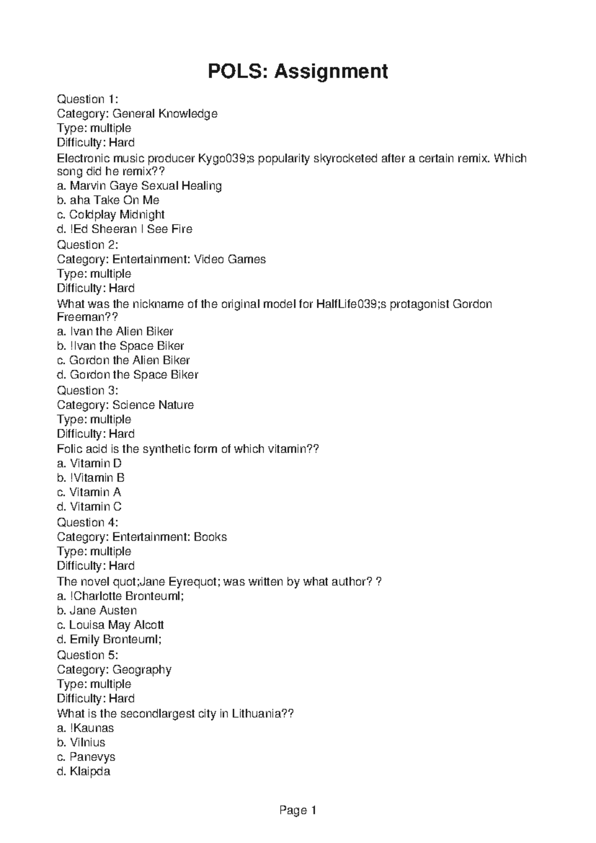 POLS277 Worksheet 5 - POLS: Assignment Question 1: Category: General ...