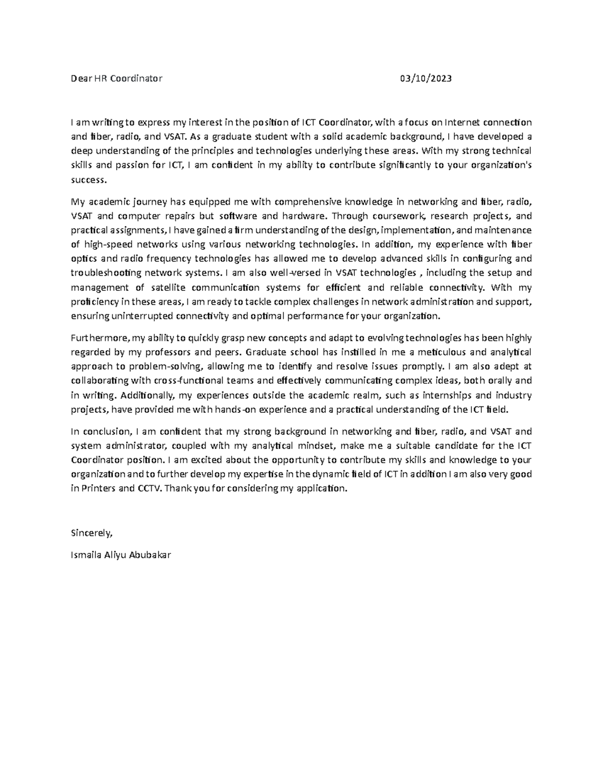ICT cover - NJKNM JNKN - Dear HR Coordinator 03/10/ I am writing to ...