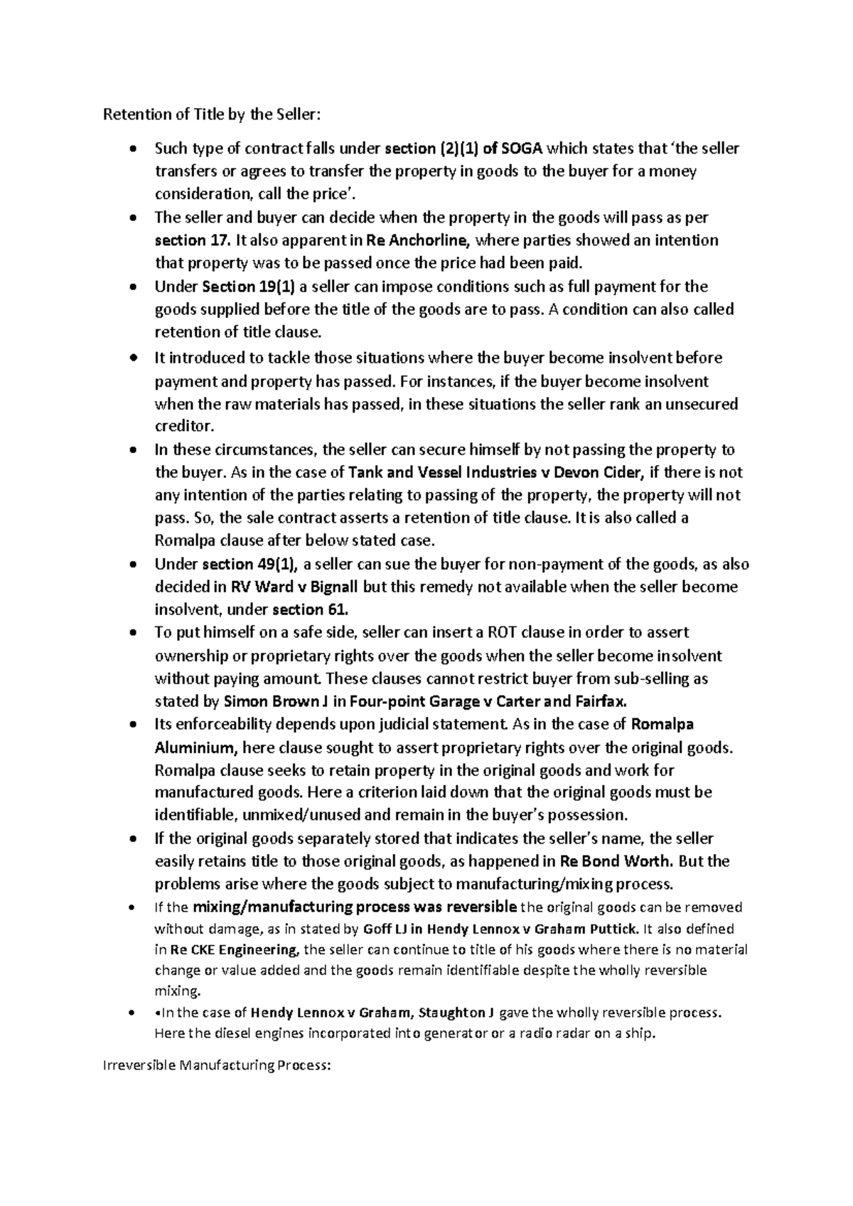 ROT notes - Retention of Title by the Seller: • Such type of contract ...