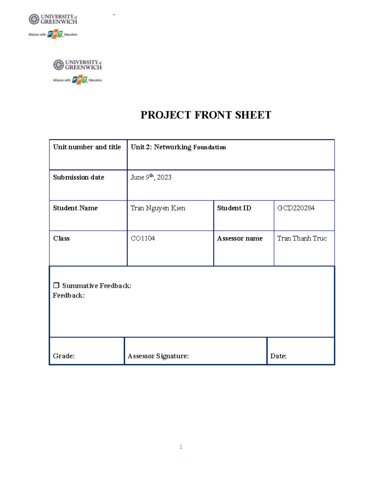 My Course work okkkk - PROJECT FRONT SHEET Unit number and title Unit 2: Networking Foundation ...
