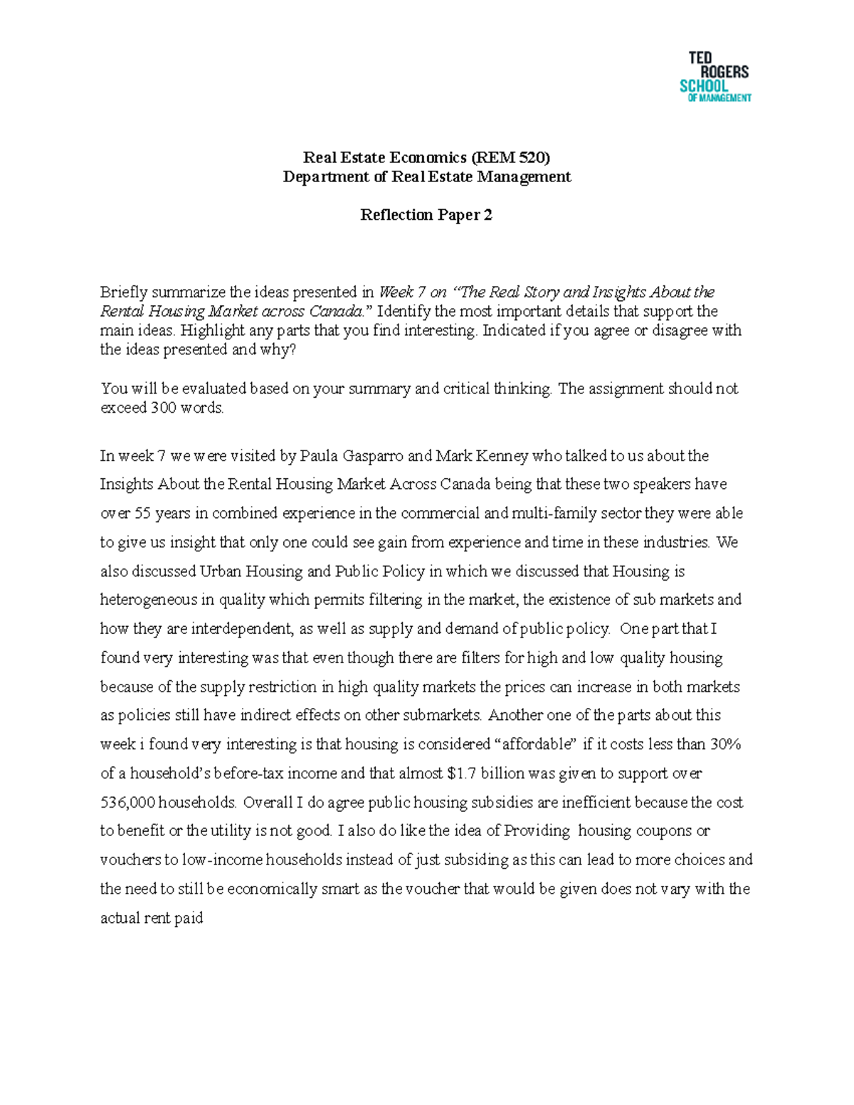 REM520-Reflection paper 2 (1).docx - Real Estate Economics (REM 520 ...