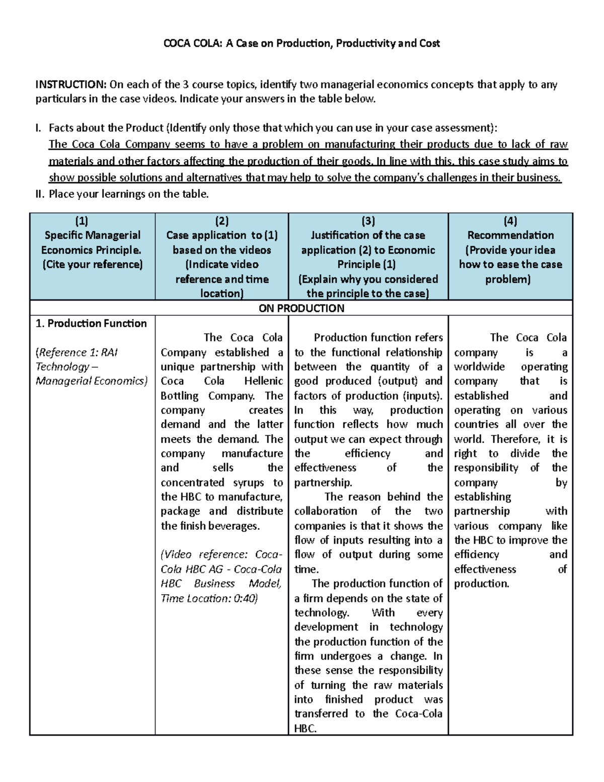 COCA COLA Case Study - COCA COLA: A Case on Production, Productivity ...