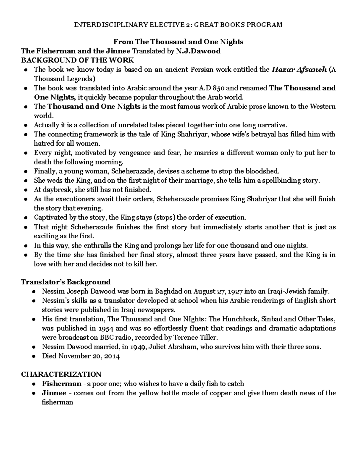 From The Thousand and One Nights Interdisciplinary Elective 2 Great ...