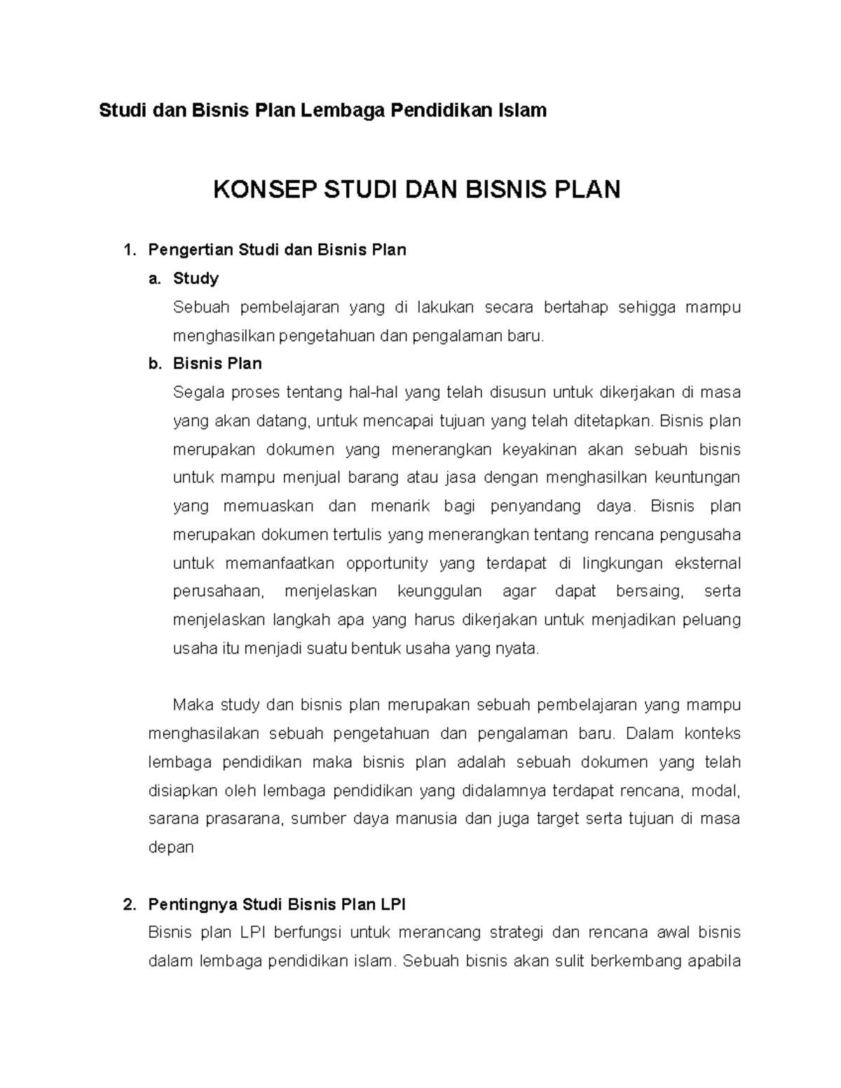 Konsep Studi dan Bisnis Plan - Studi dan Bisnis Plan Lembaga Pendidikan Islam KONSEP STUDI DAN ...