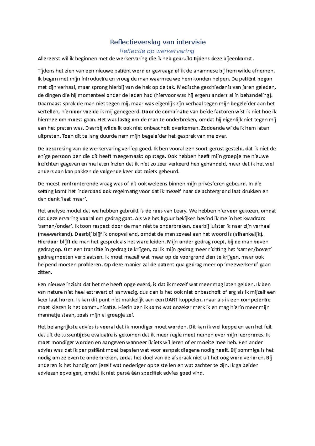 Reflectieverslag van intervisie (Professioneel handelen ...