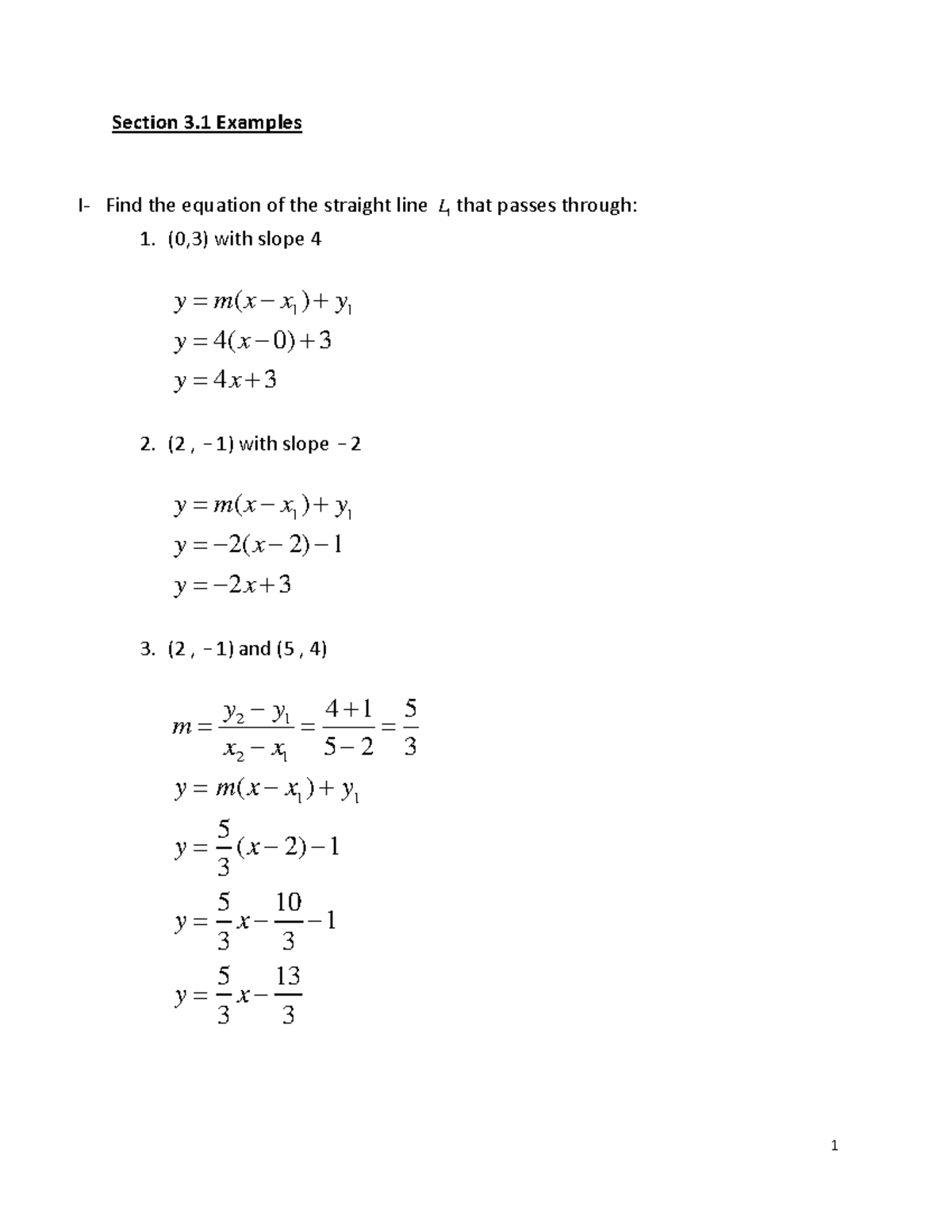 Section 3.1 Examples - ...... - Section 3 Examples I- Find the equation of the straight line L 1 ...