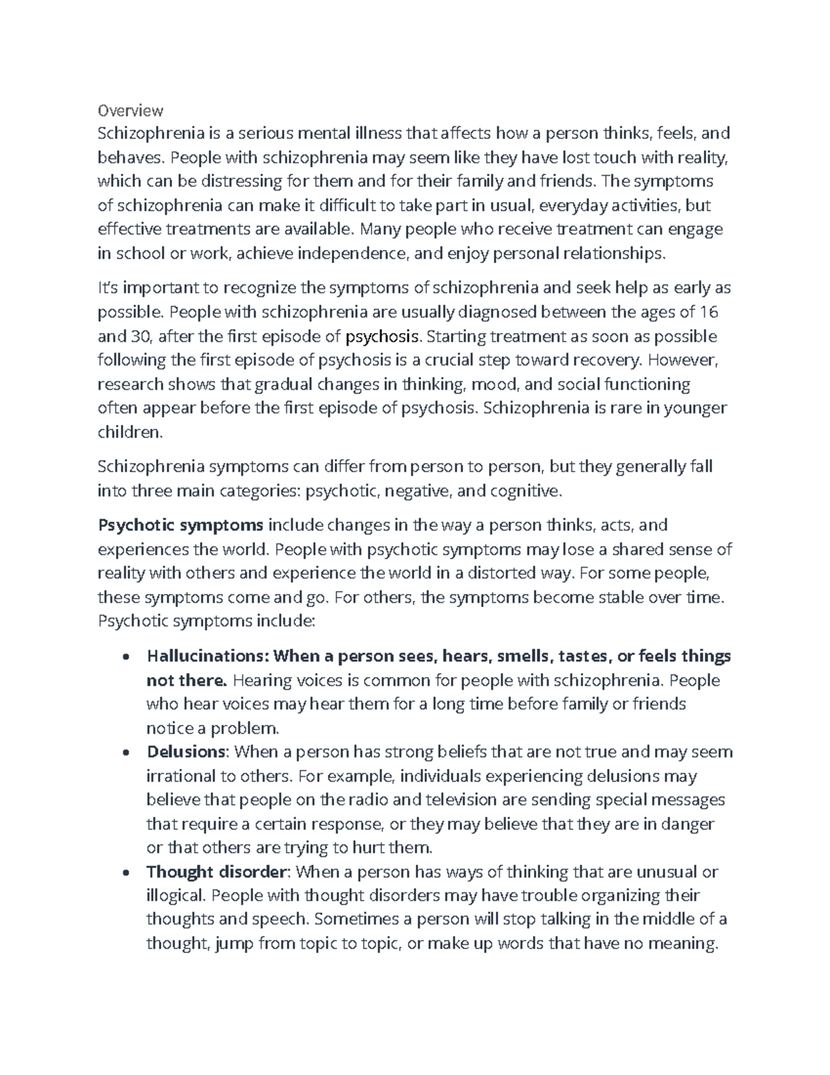 Schizophrenia Notes - Overview Schizophrenia is a serious mental ...