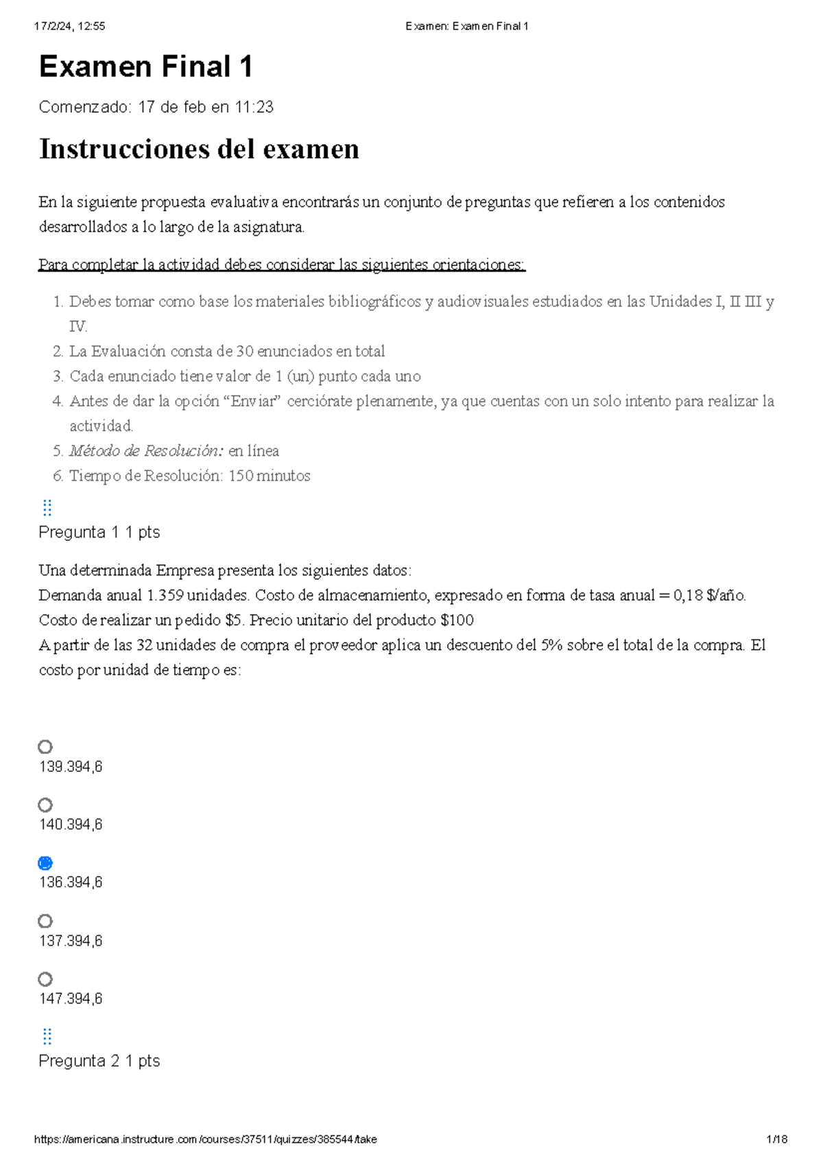 Examen Final _ Gestion de Operaciones II - Examen Final 1 Comenzado: 17 ...