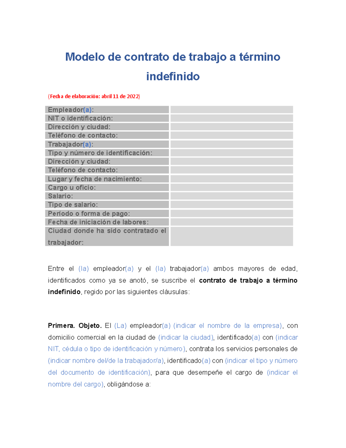 Modelo contrato indefinido - Modelo de contrato de trabajo a término ...