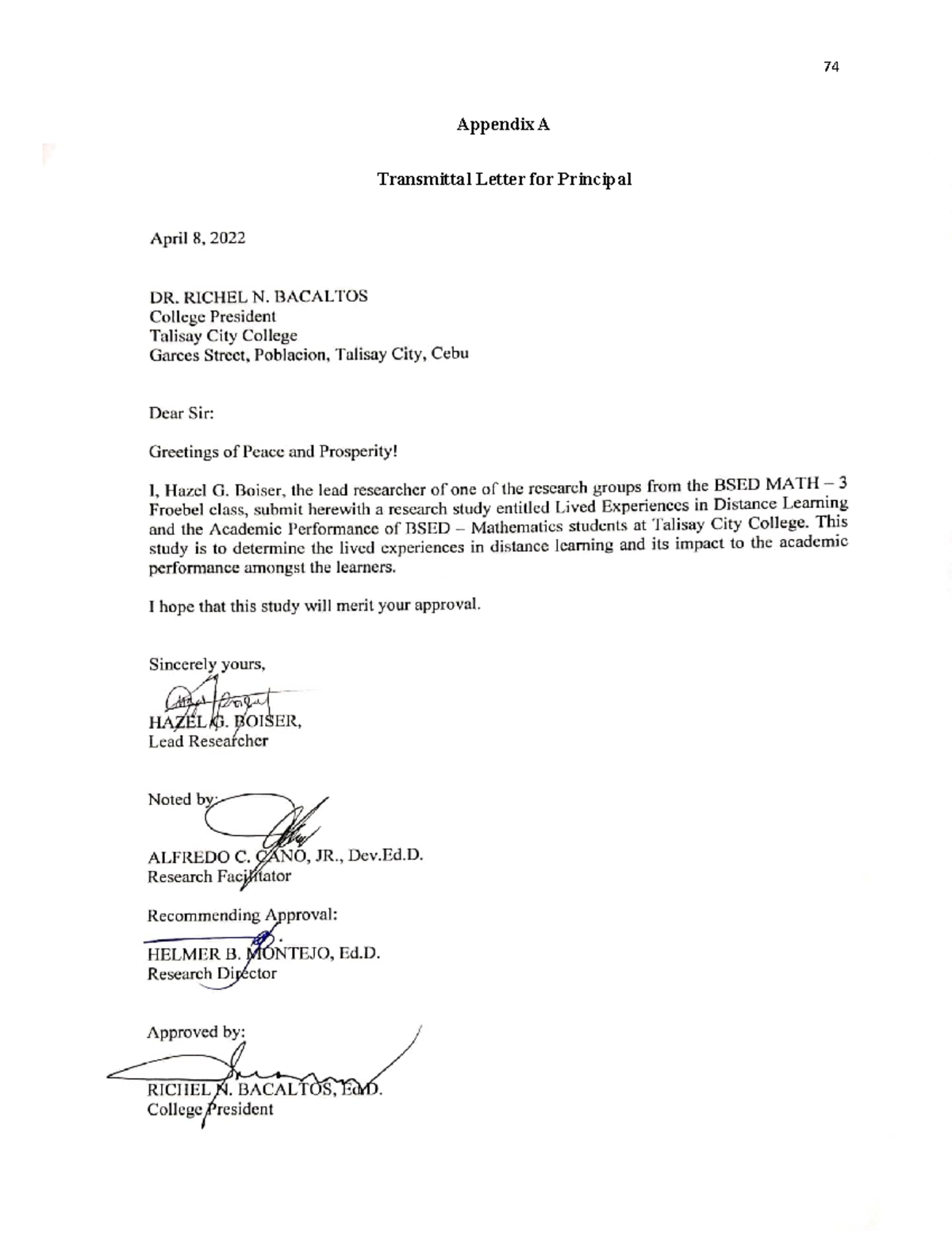 Appendix A - education - 74 Appendix A Transmittal Letter for Principal ...