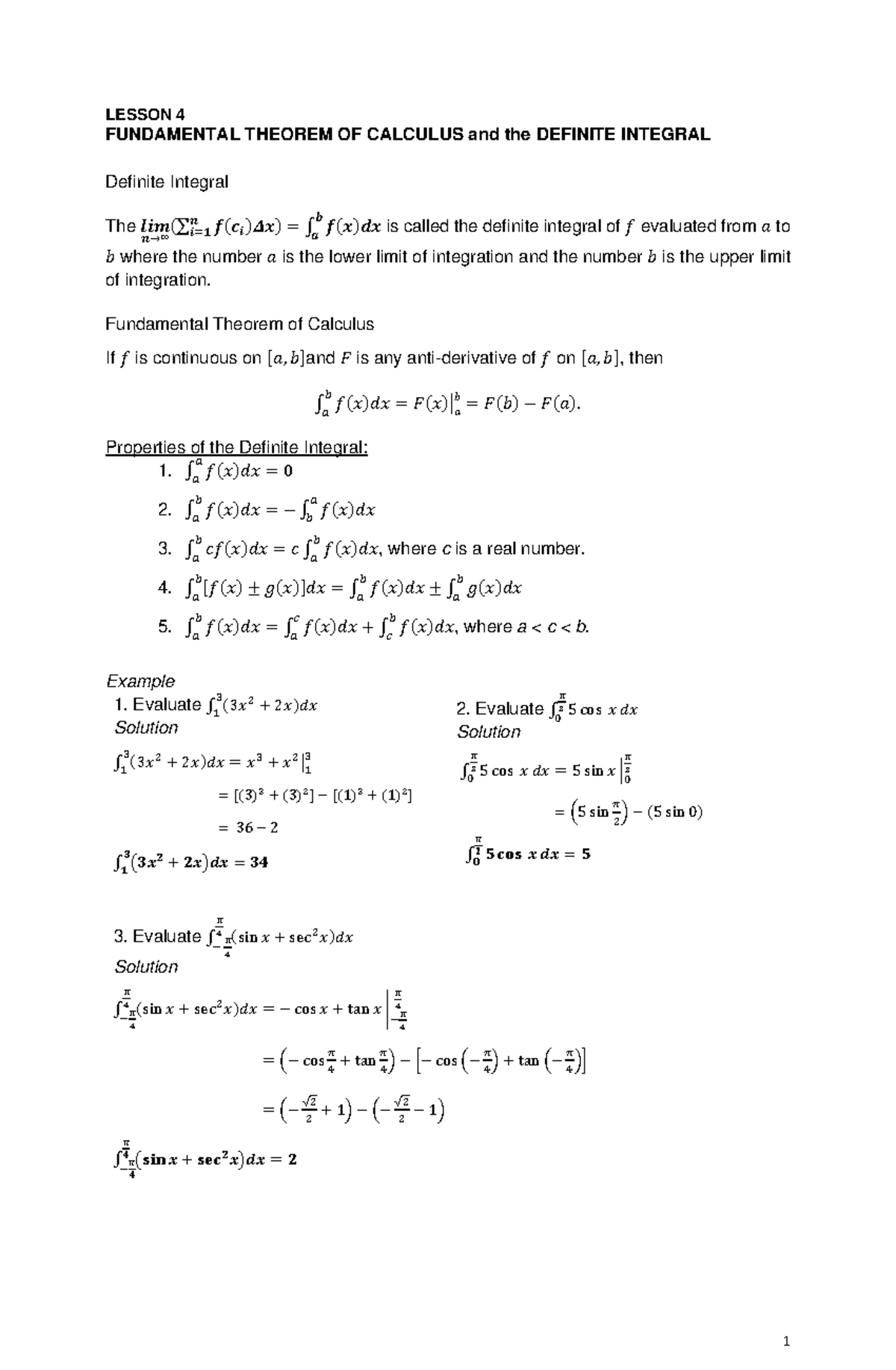 Basic Calculus Lesson 4f - 1 LESSON 4 FUNDAMENTAL THEOREM OF CALCULUS ...