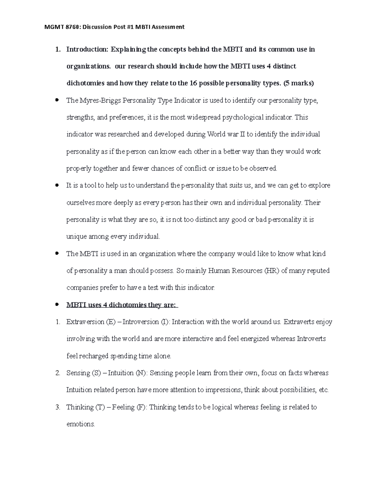 Discussion Post #1 MBTI - 1. Introduction: Explaining the concepts ...