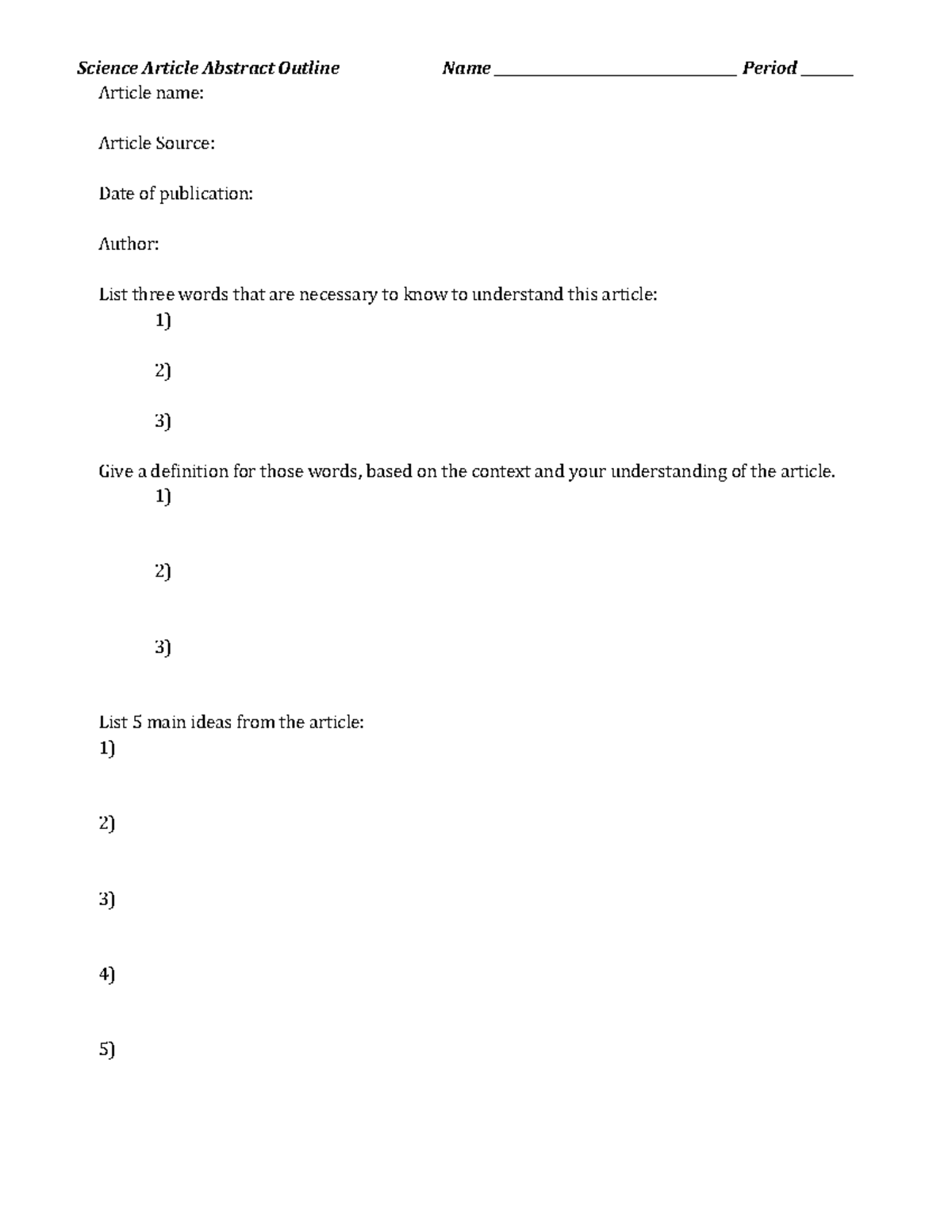 Science Article Summary Outline - Science Article Abstract Outline Name ...