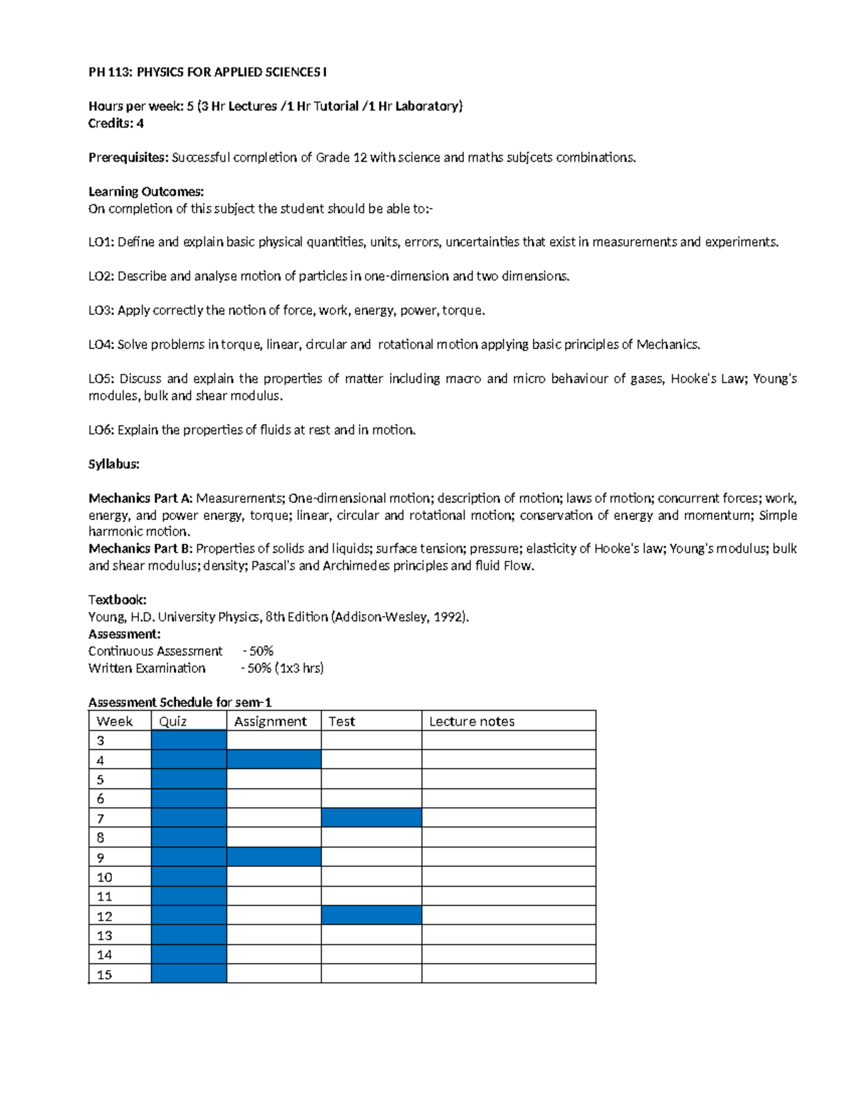 PH 113 - Lesson plan - PH 113: PHYSICS FOR APPLIED SCIENCES I Hours per ...