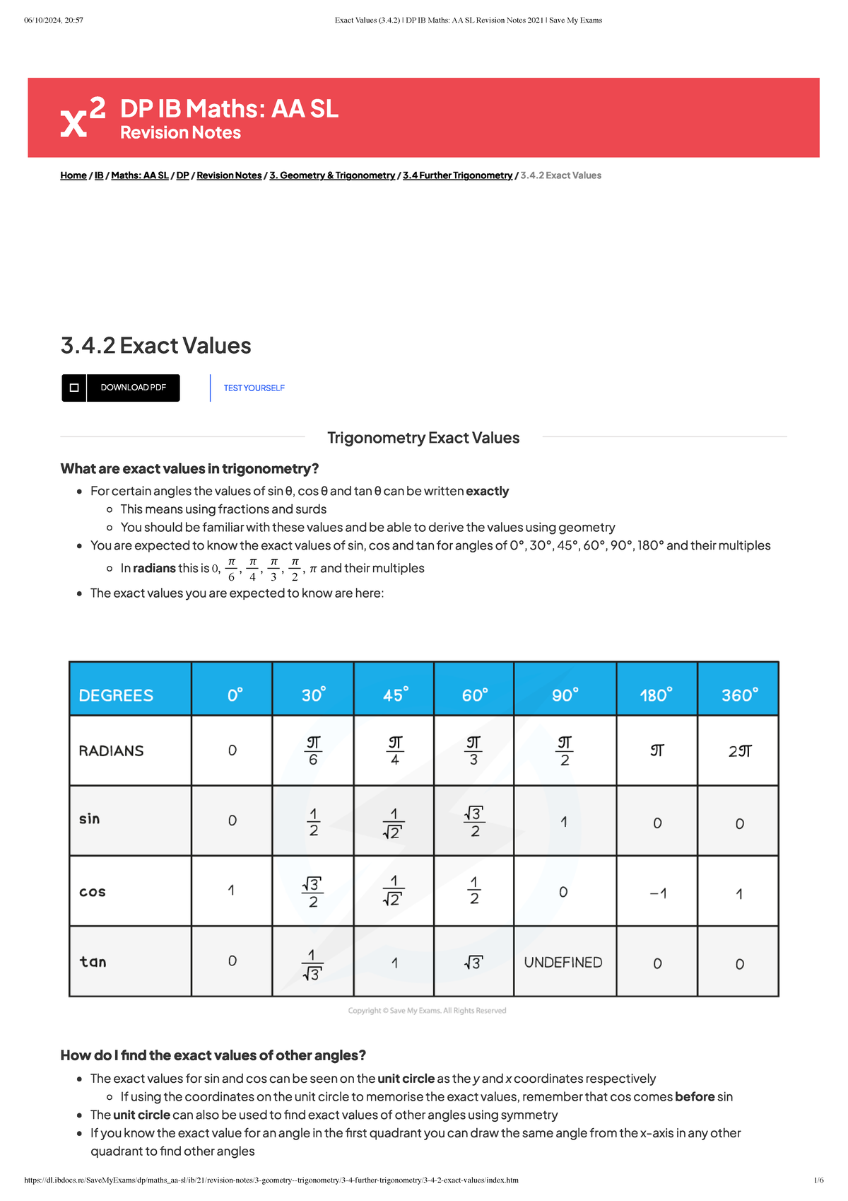 3.4.2 Exact Values - DP IB Maths: AA SL Revision Notes Home / IB ...