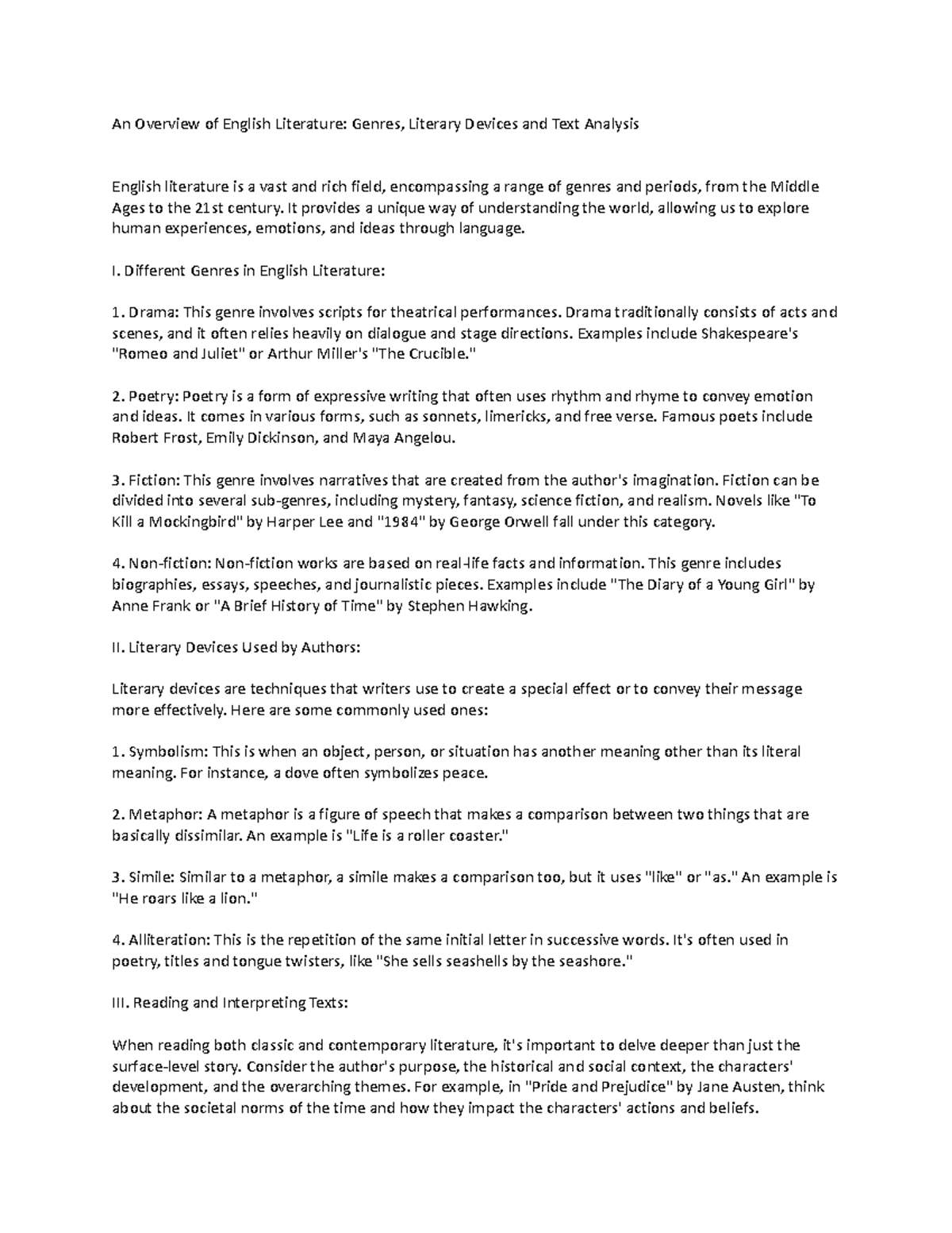 Document - An Overview of English Literature: Genres, Literary Devices ...