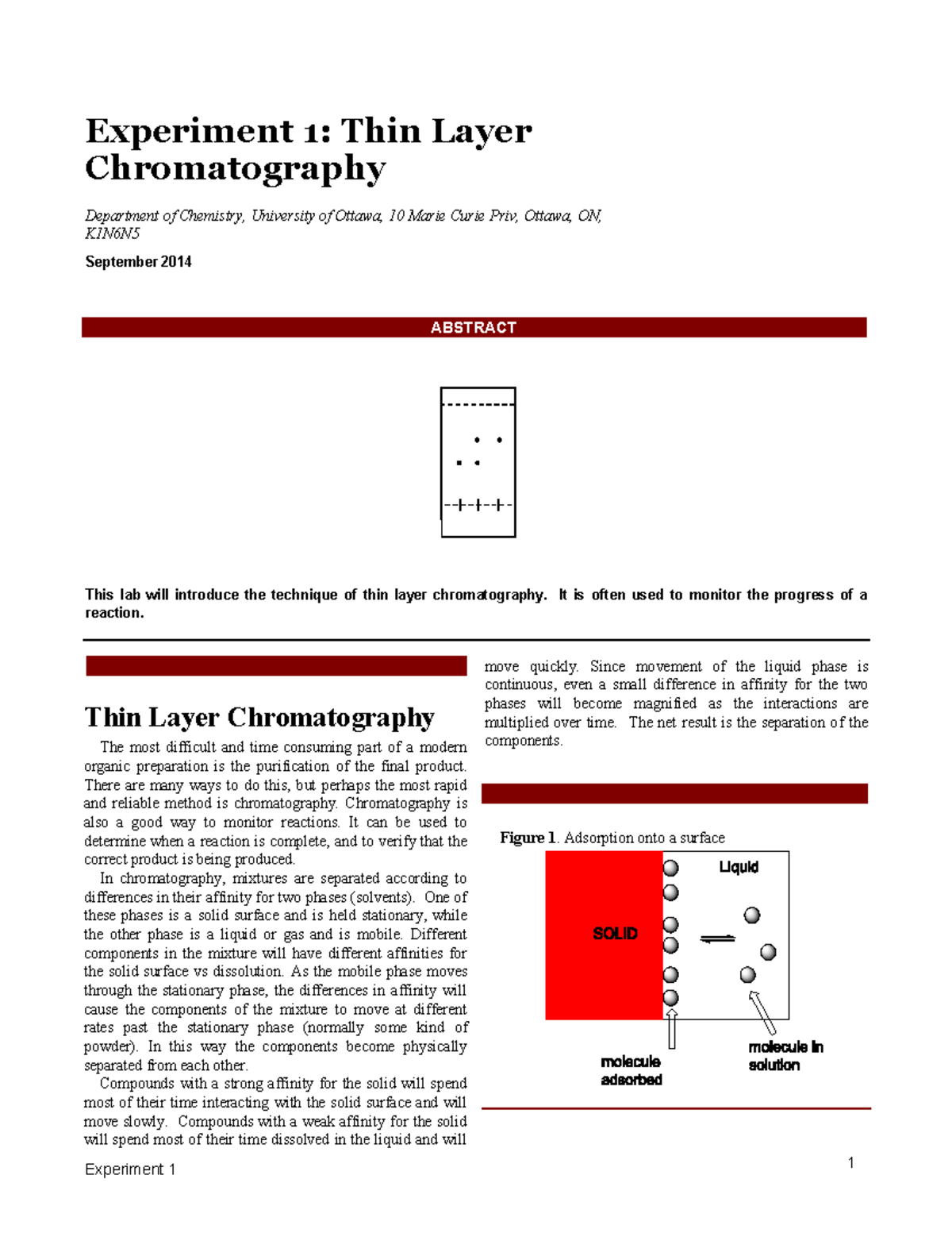 Lab 1 2019 - CHM1311 Lab 1 - Experiment 1: Thin Layer Chromatography Department of Chemistry ...
