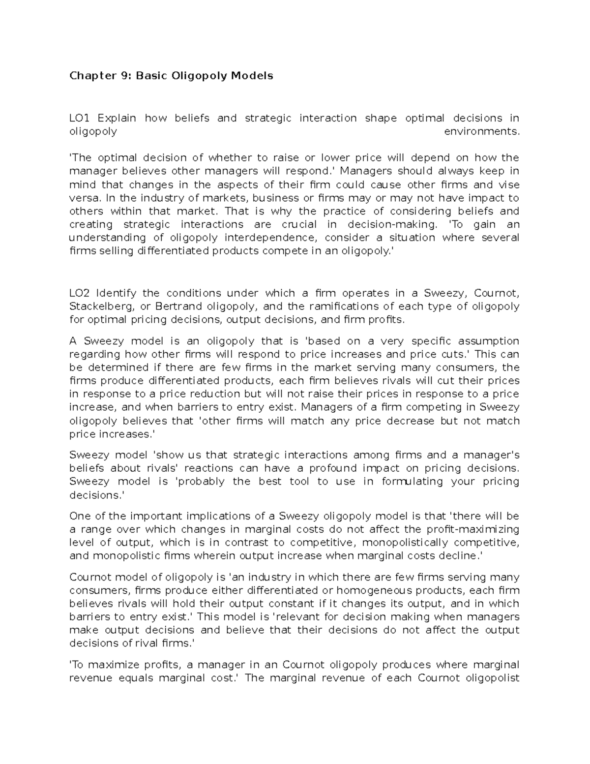 Chapter 9 Basic Oligopoly Models (Managerial Economics) - Chapter 9: Basic Oligopoly Models LO1 ...