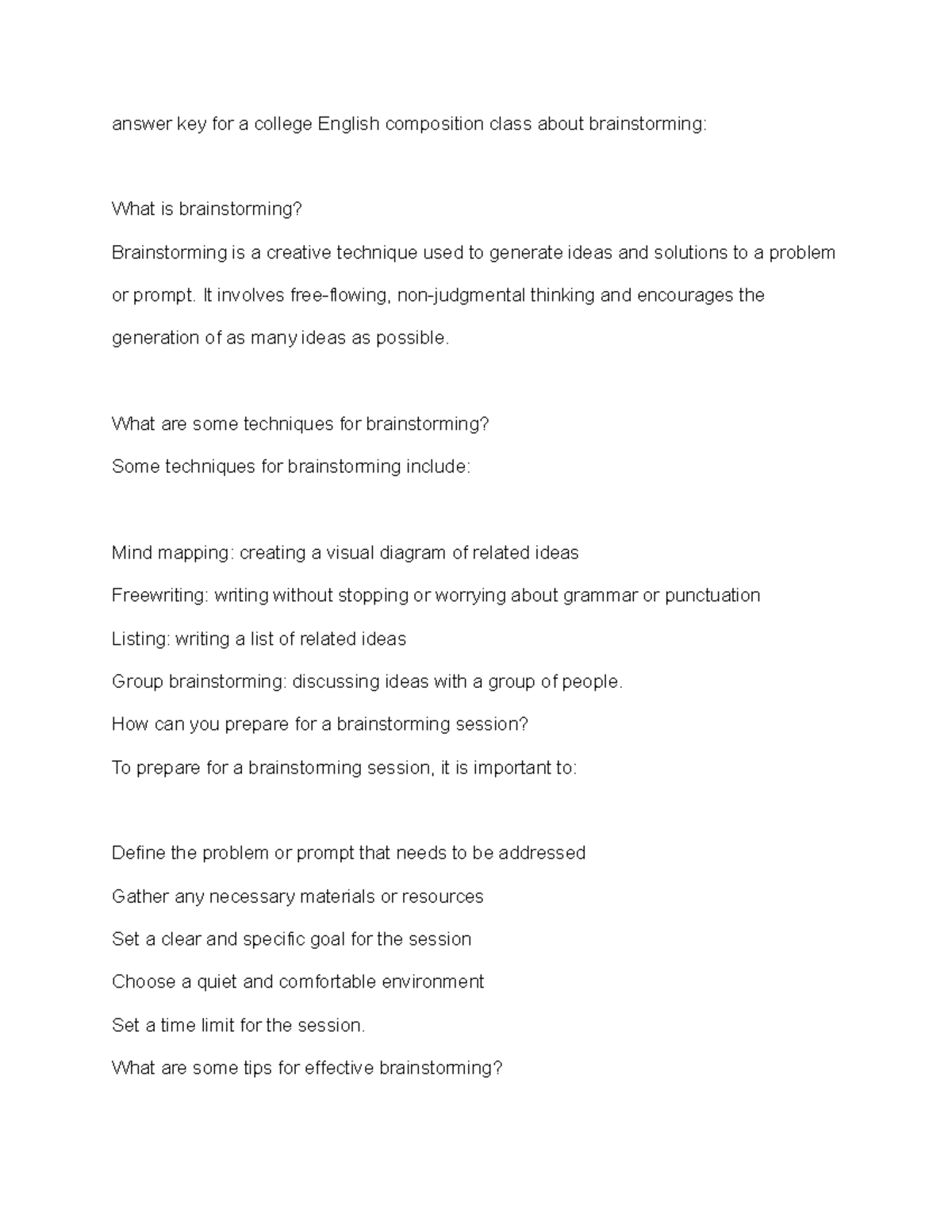 Answer key for a English composition class about brainstorming - answer ...