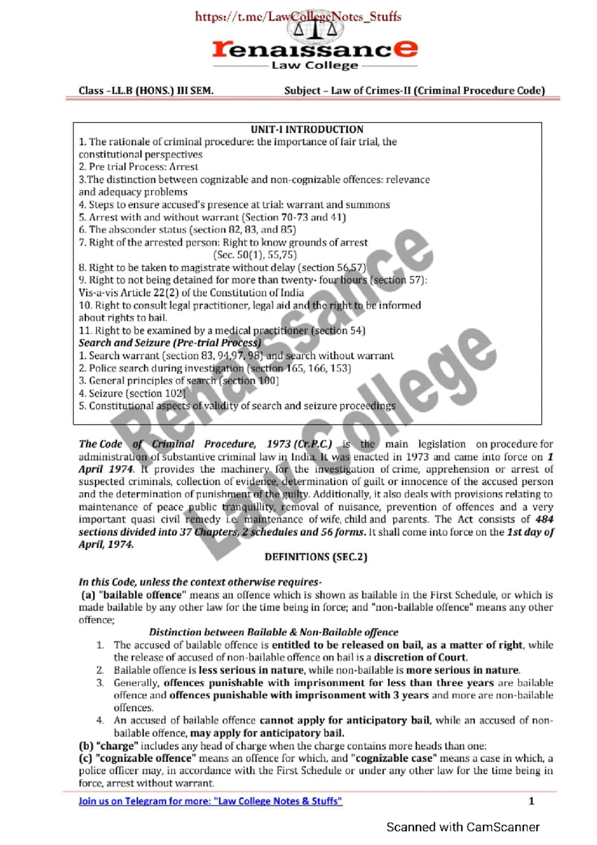Criminal Procedure Code (Cr PC) Renaissance Law College Notes - LL.B ...