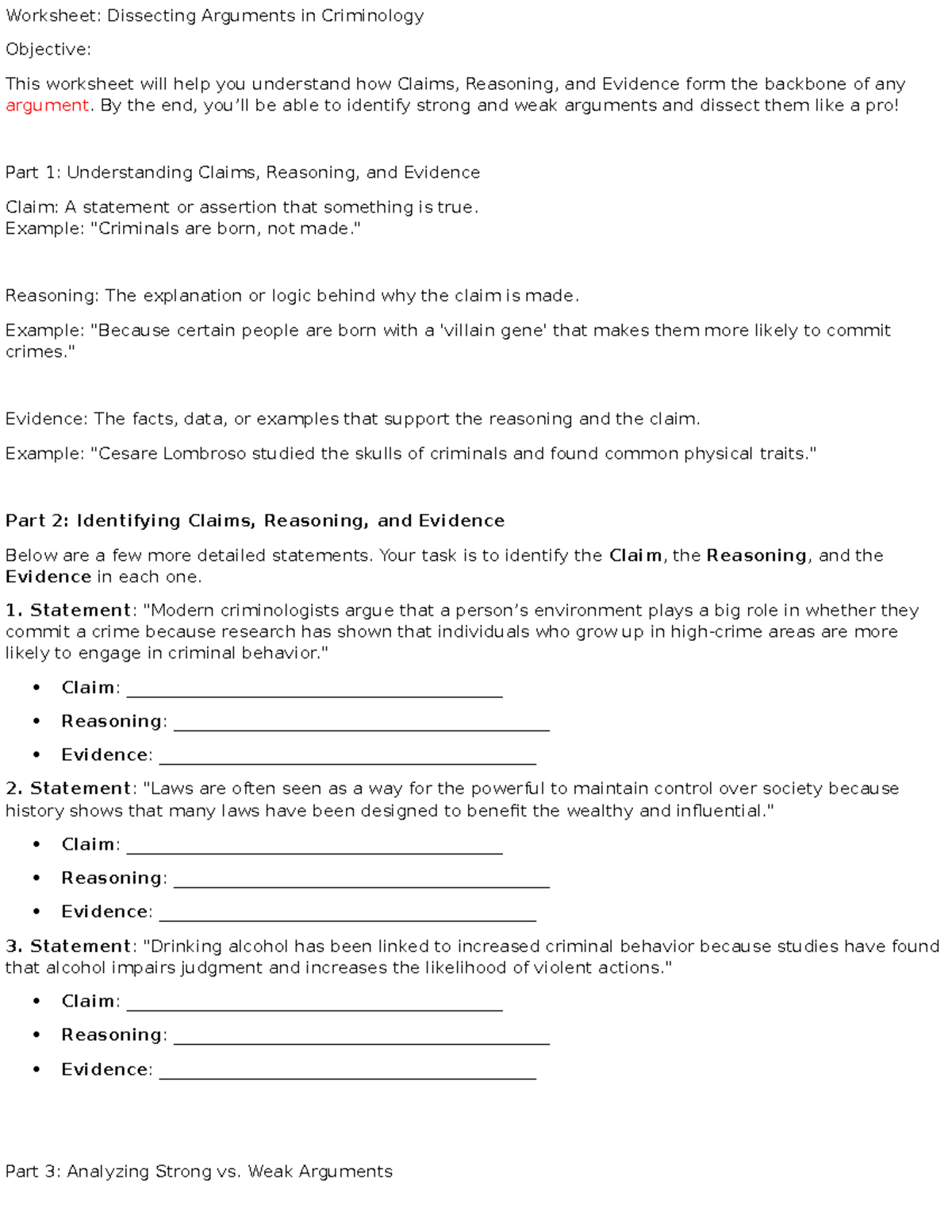 Criminology Worksheet - Worksheet: Dissecting Arguments in Criminology ...