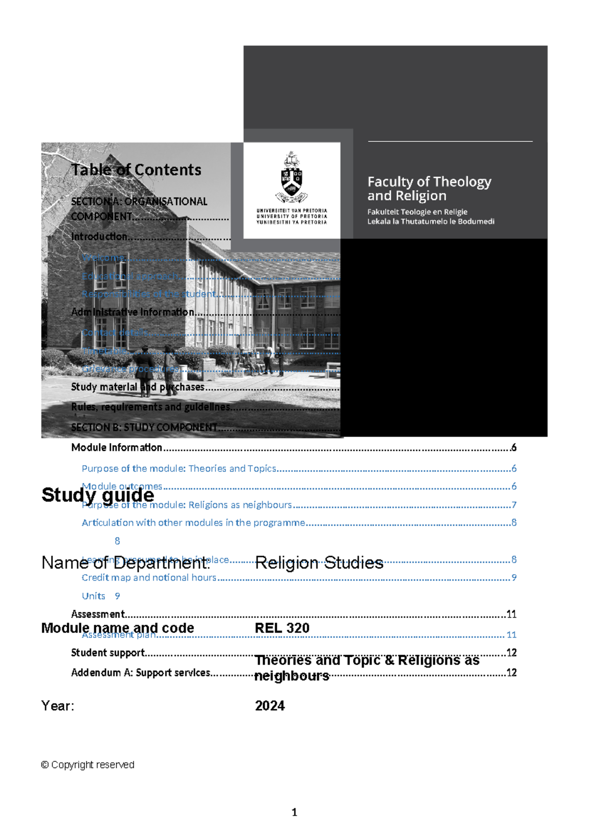 Study Guide REL 320 2024 - Table of Contents Study guide Theories and ...