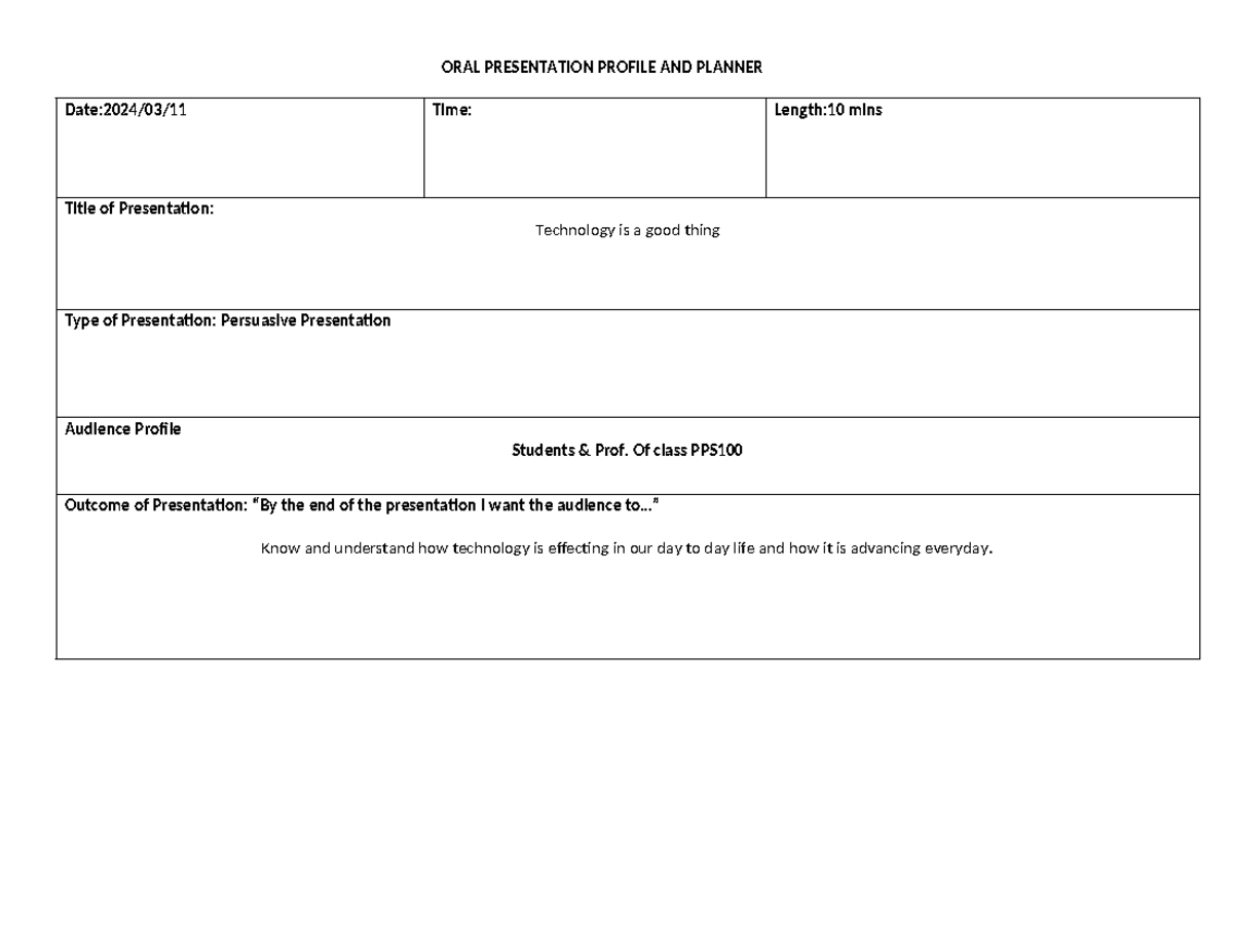 PPS 100 - PPS - ORAL PRESENTATION PROFILE AND PLANNER Date:2024/03/11 ...