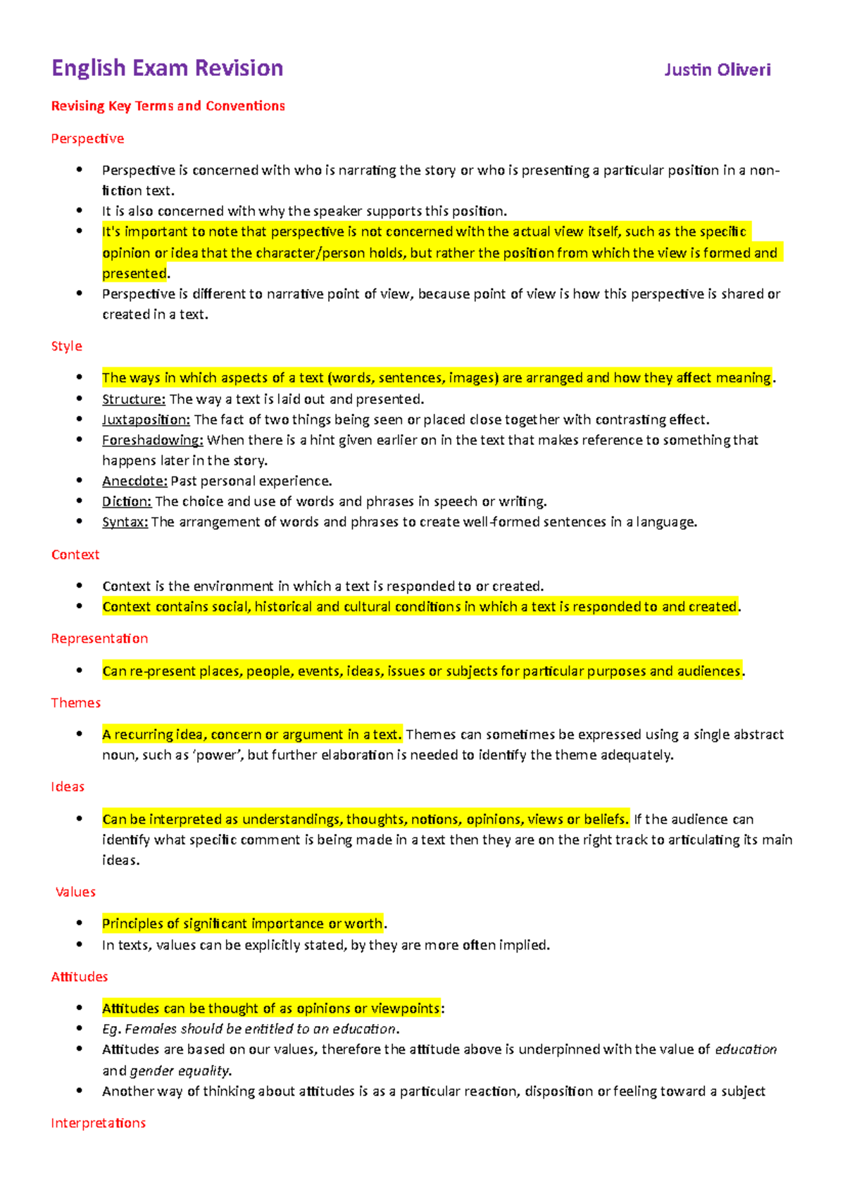 English Exam Revision Notes 2 - English Exam Revision Justin Oliveri ...