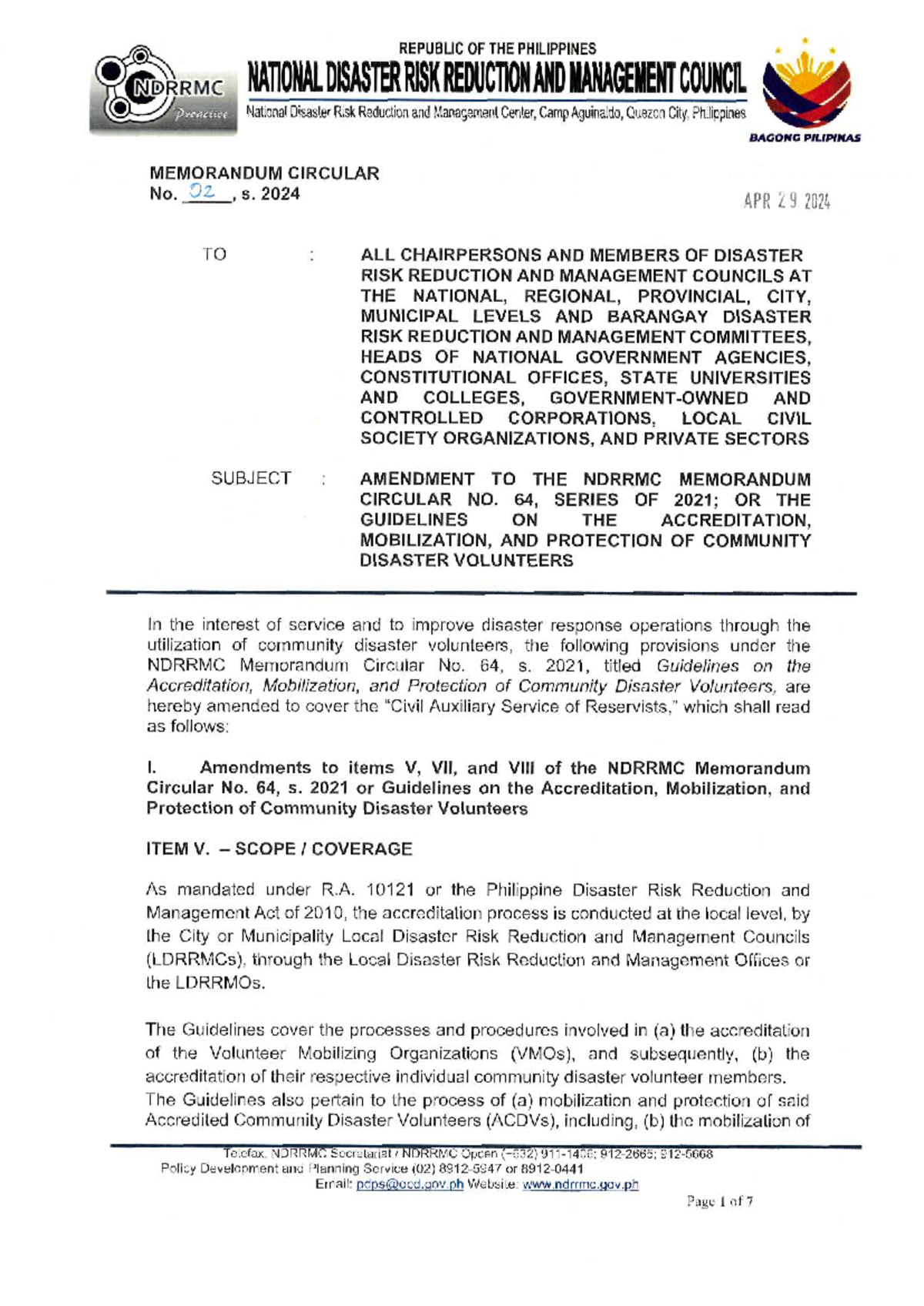 Ndrrmc-Memo-No - ACDVs - REPUBLIC OF THE PHILIPPINES NDRRMC NATIONAL ...