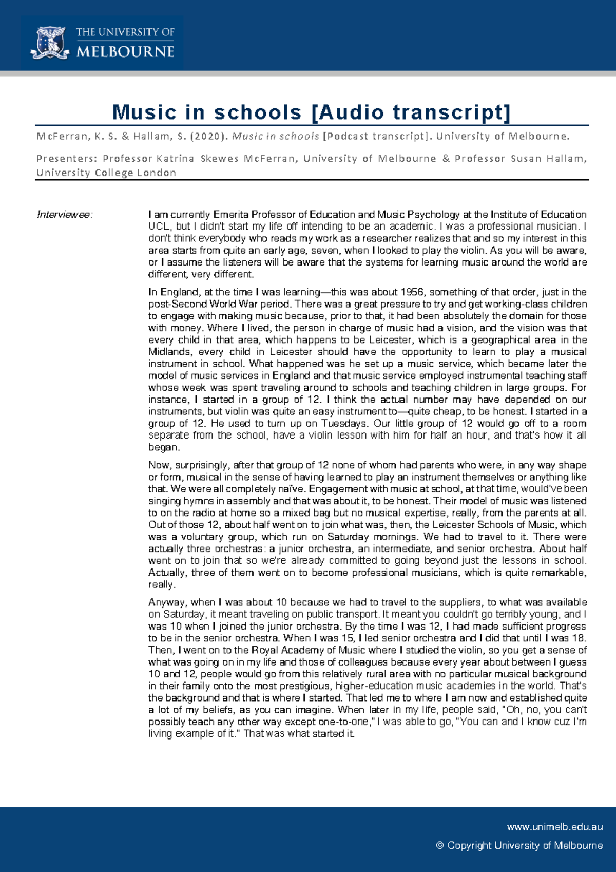 MUSI2014 9 Music in schools - Podcast transcript - unimelb.edu Music in ...