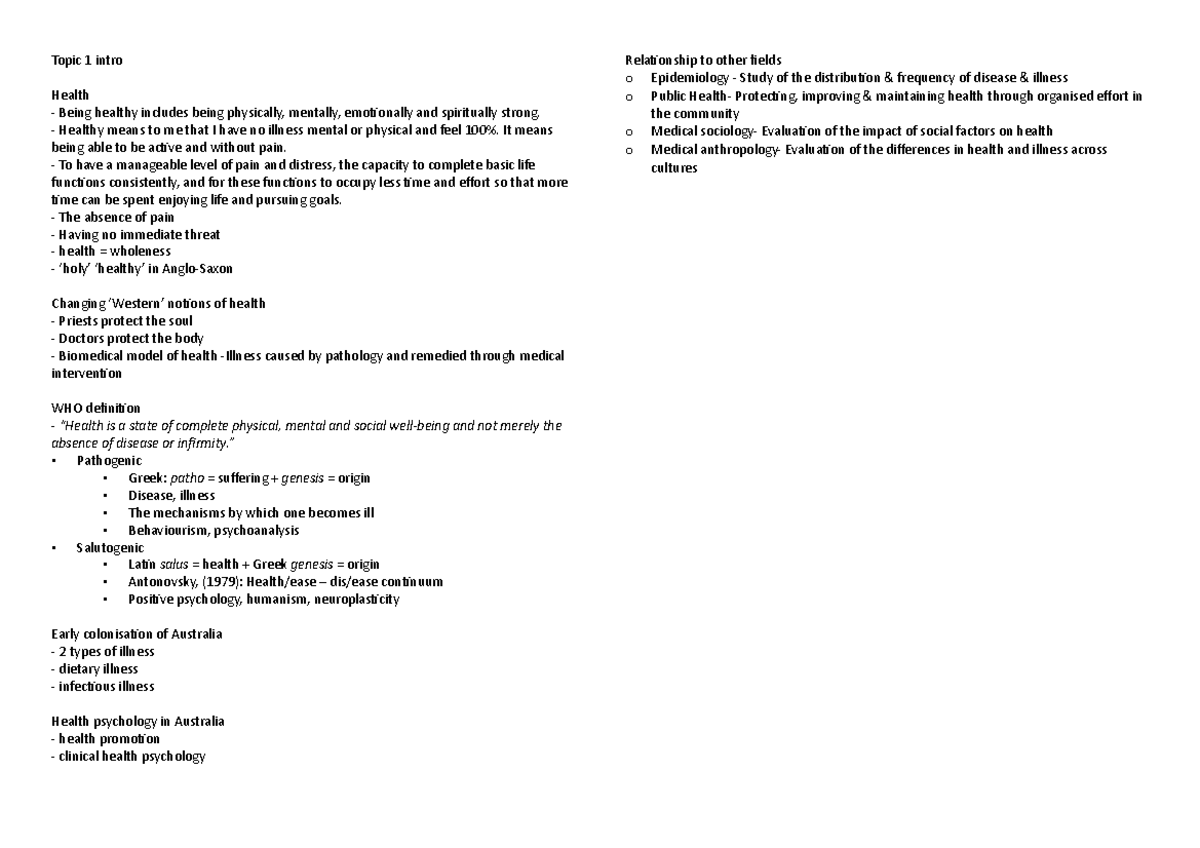 307 notes - Summaries of lectures - Topic 1 intro Health Being healthy ...