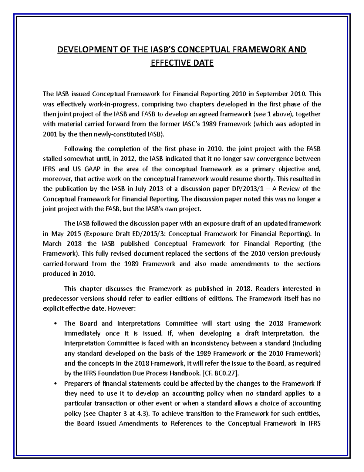 Development OF THE IASB’S Conceptual Framework AND Effective DATE ...