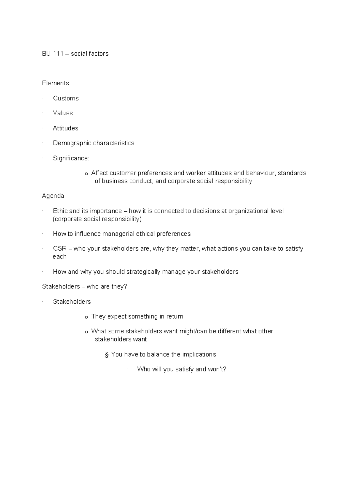 BU 111 – social factors - BU 111 – social factors Elements · Customs ...