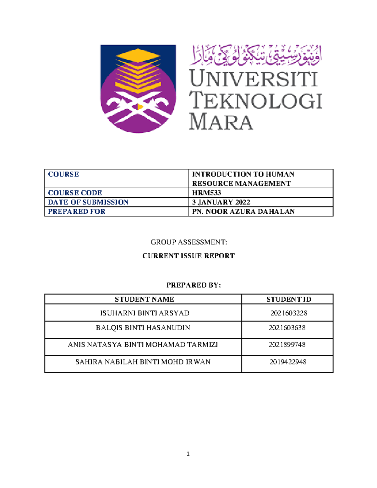 HRM - Group Assignment - COURSE INTRODUCTION TO HUMAN RESOURCE ...