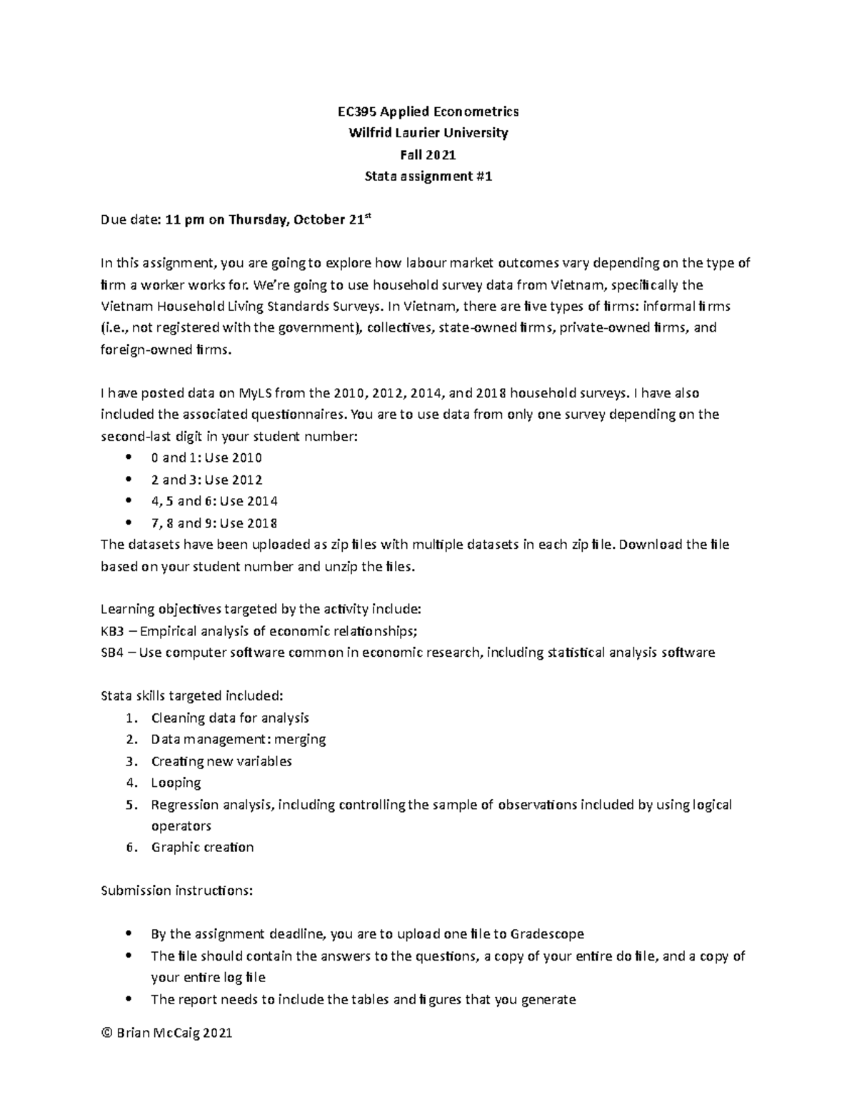Stata assignment #1 instructions with answers - EC395 - WLU - Studocu