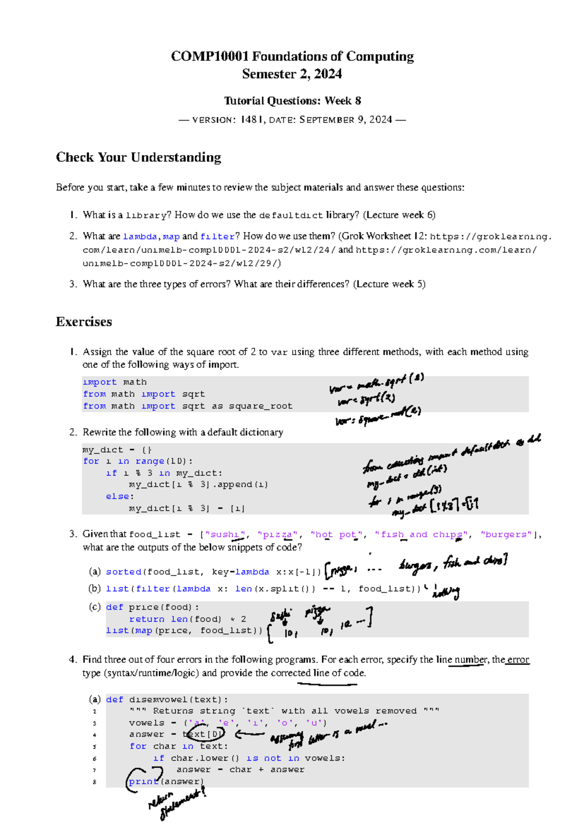 .trashed-tutesheet-week8 - COMP10001 Foundations of Computing Semester ...
