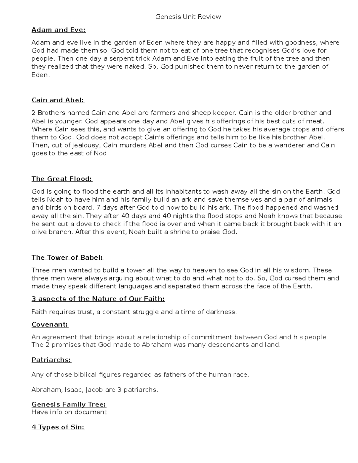 Genesis review religion notes - Genesis Unit Review Adam and Eve: Adam ...