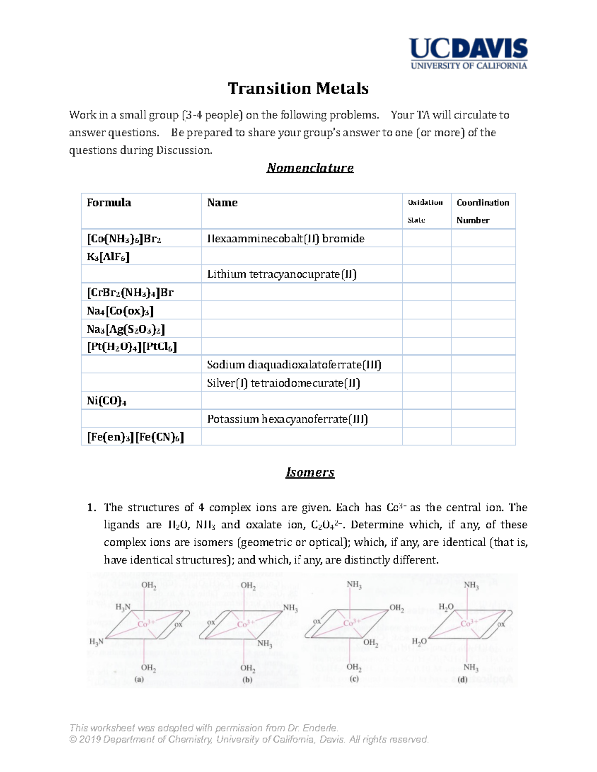 2C-Transition Metal - No additional information - This worksheet was ...