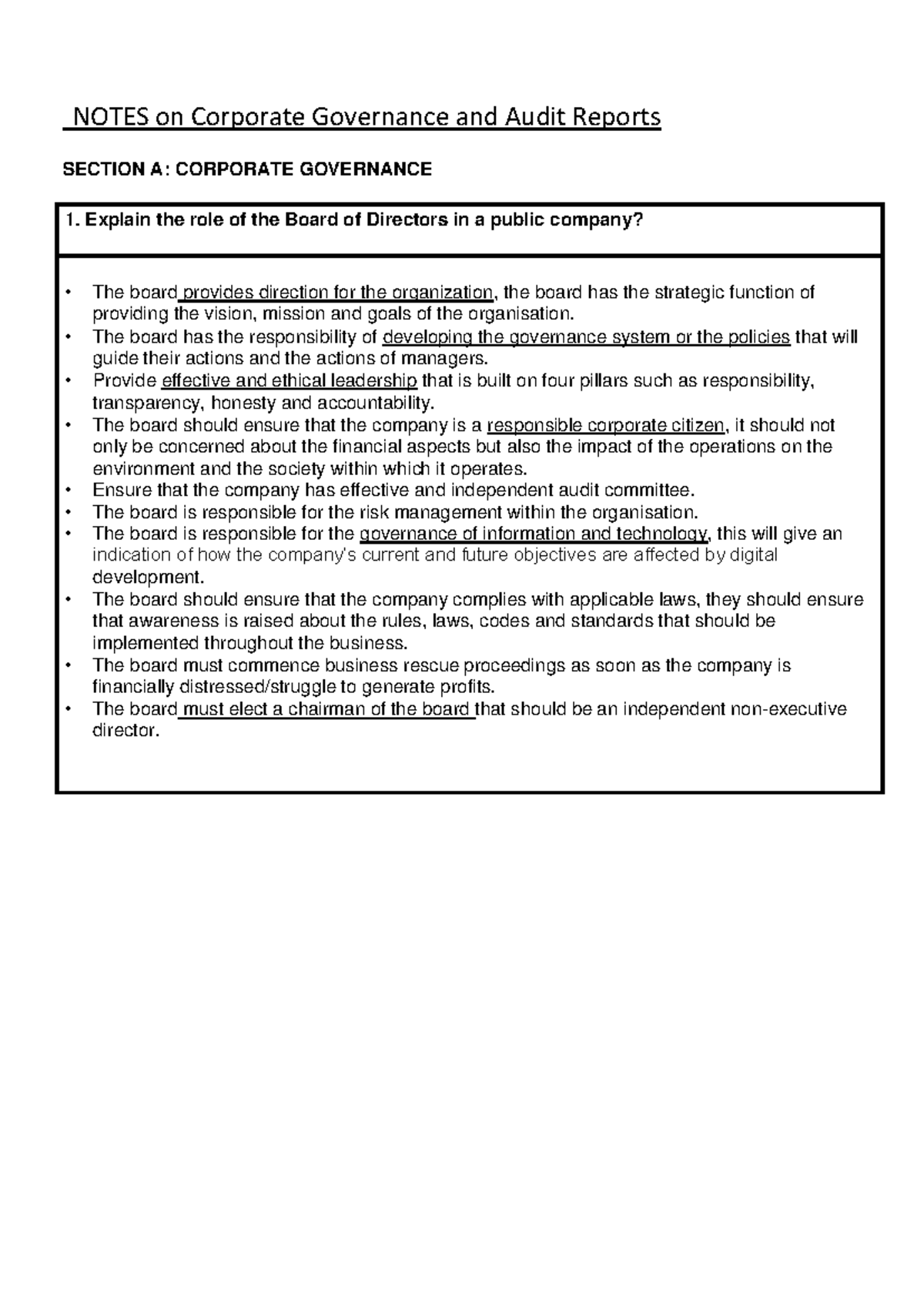 Notes on Corporate governance - NOTES on Corporate Governance and Audit ...