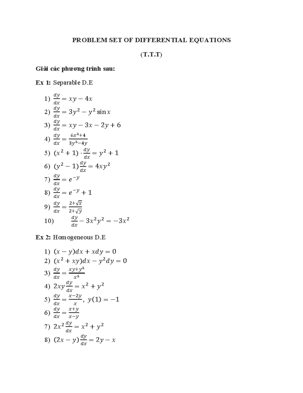 Problem SET OF Differential Equations - PROBLEM SET OF DIFFERENTIAL ...