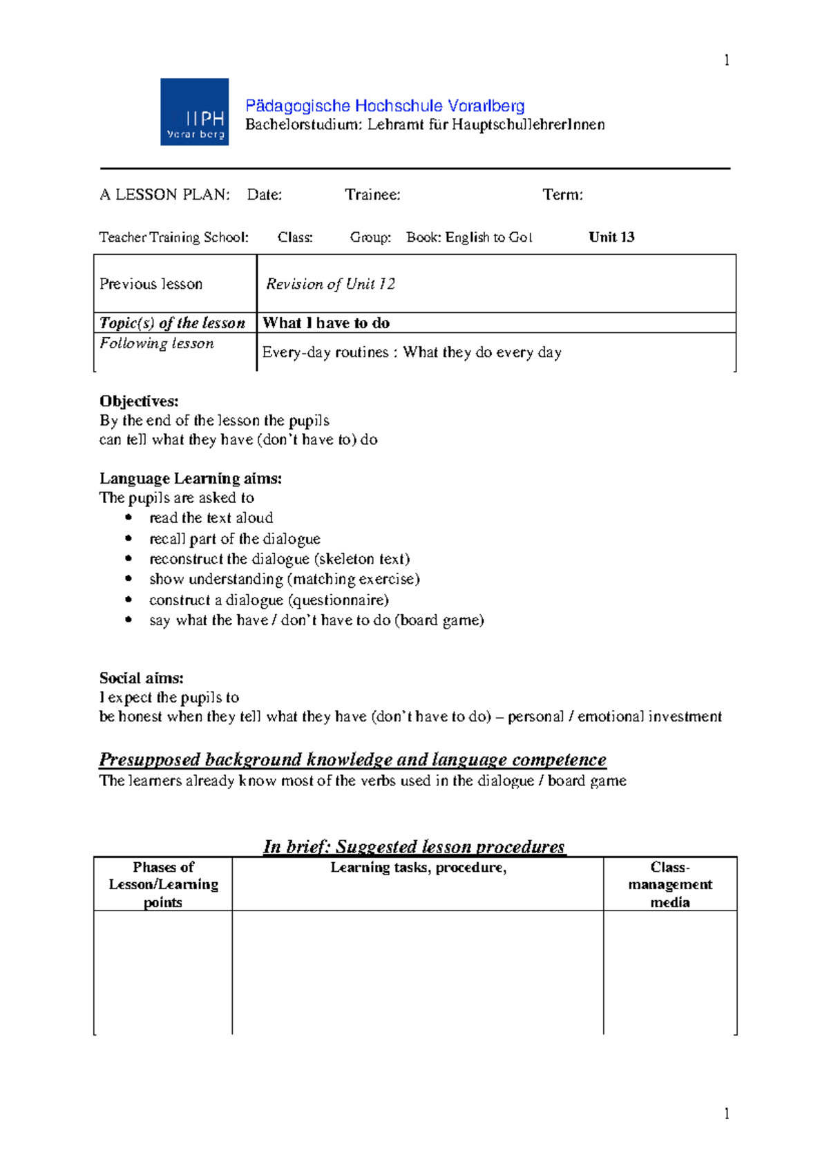 Lesson plan speaking - Bsed english - Pädagogische Hochschule Vorarlberg Bachelorstudium ...